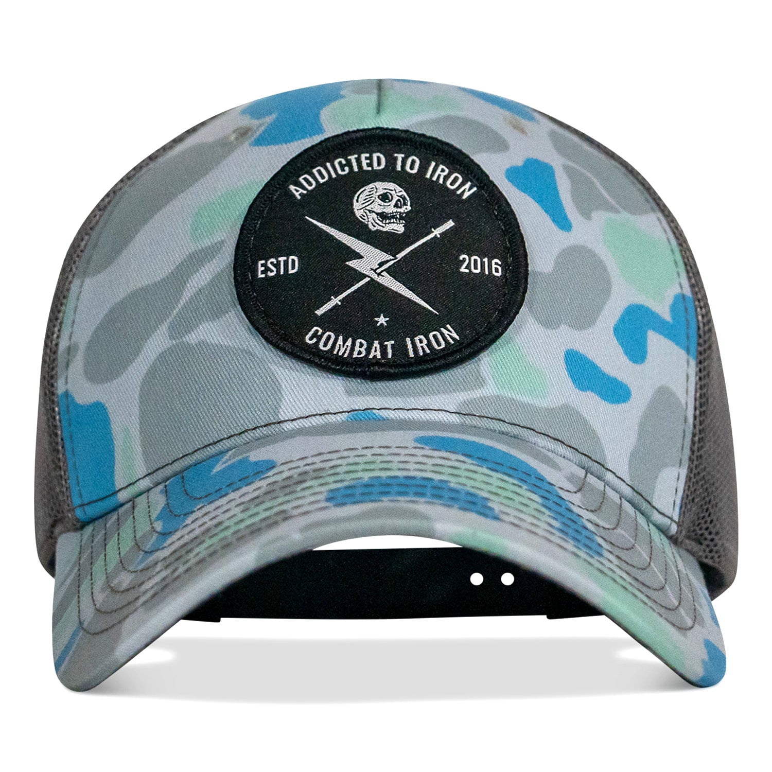 Addicted To Iron Patch Snapback Hat Saltwater Duck Camo / Grey ...