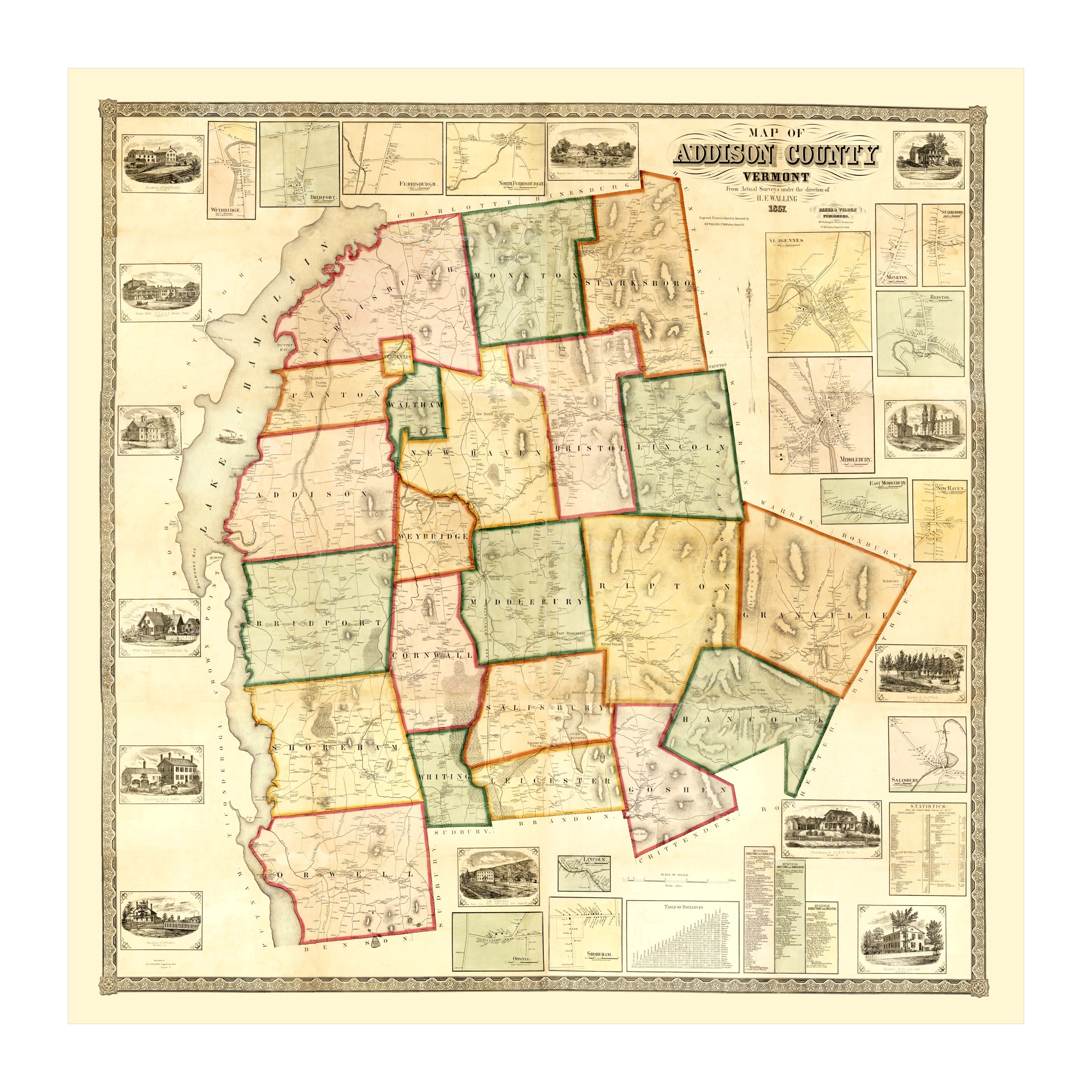 Addison County Vermont Art, 1857 Vintage Map of Addison County VT ...