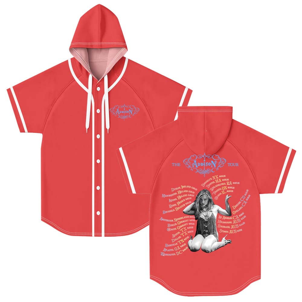 Addison Rae The Addison Tour 2025 Merch Hooded Baseball Jersey Short ...