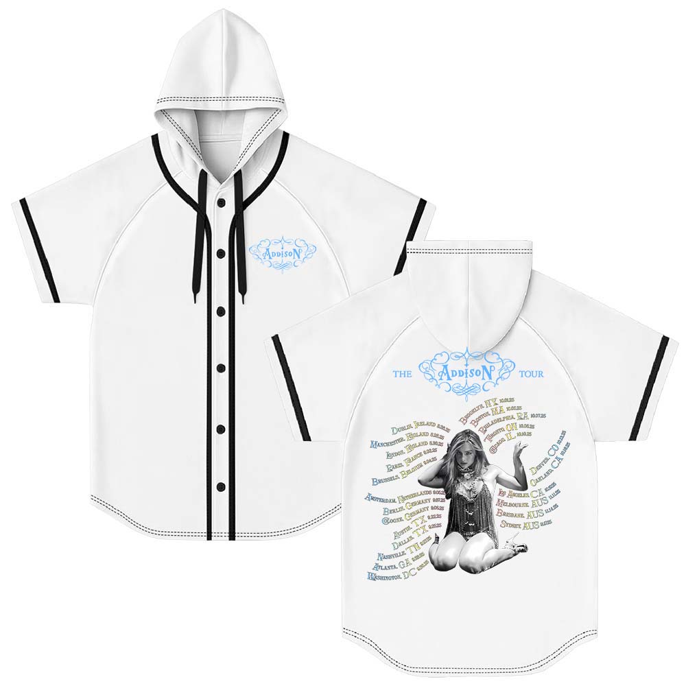 Addison Rae The Addison Tour 2025 Merch Hooded Baseball Jersey Short ...