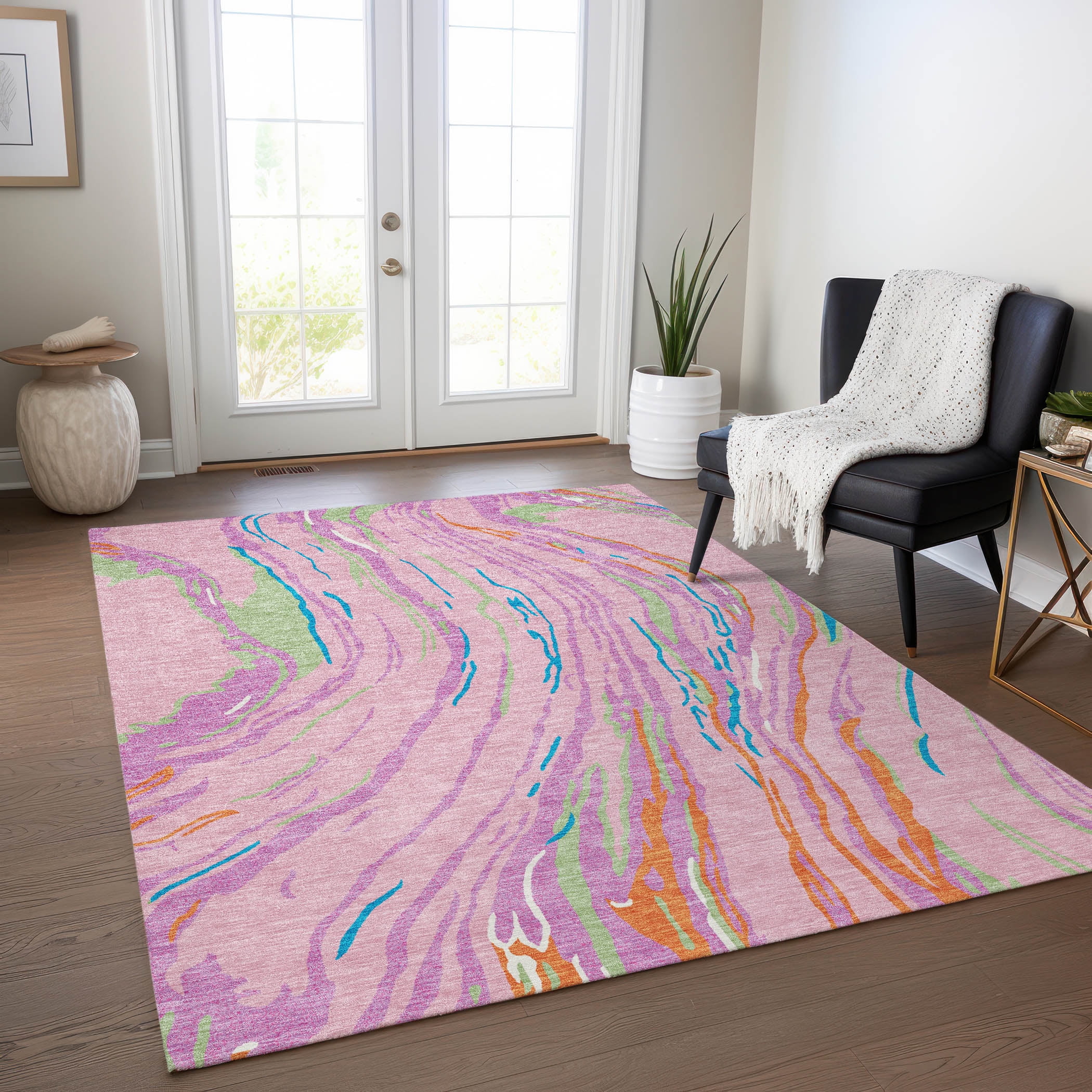 Addison Rugs Chantille Indoor/Outdoor Transitional Swirls Pink Washable ...