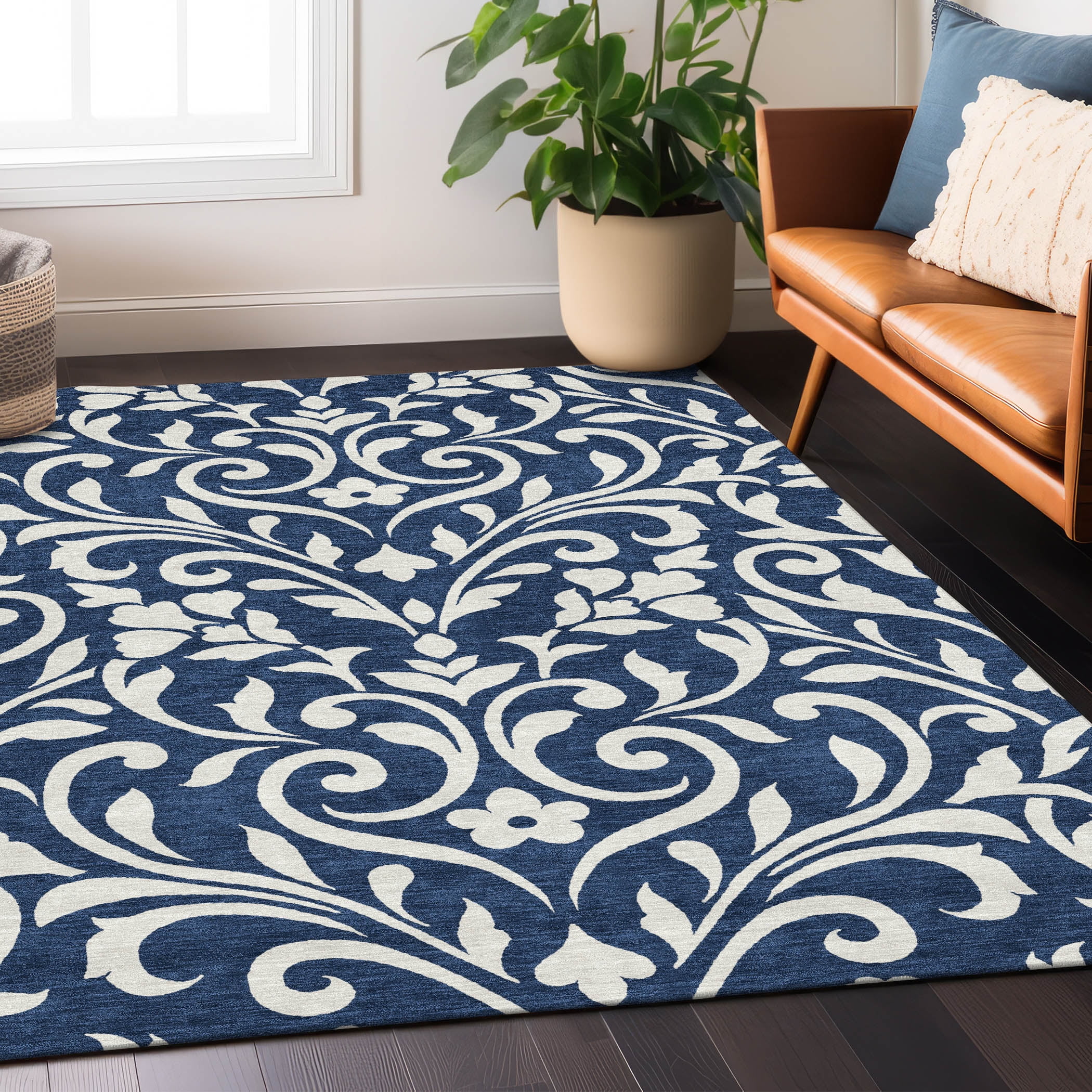 Addison Rugs Chantille Indoor/Outdoor Transitional Floral Navy Washable ...
