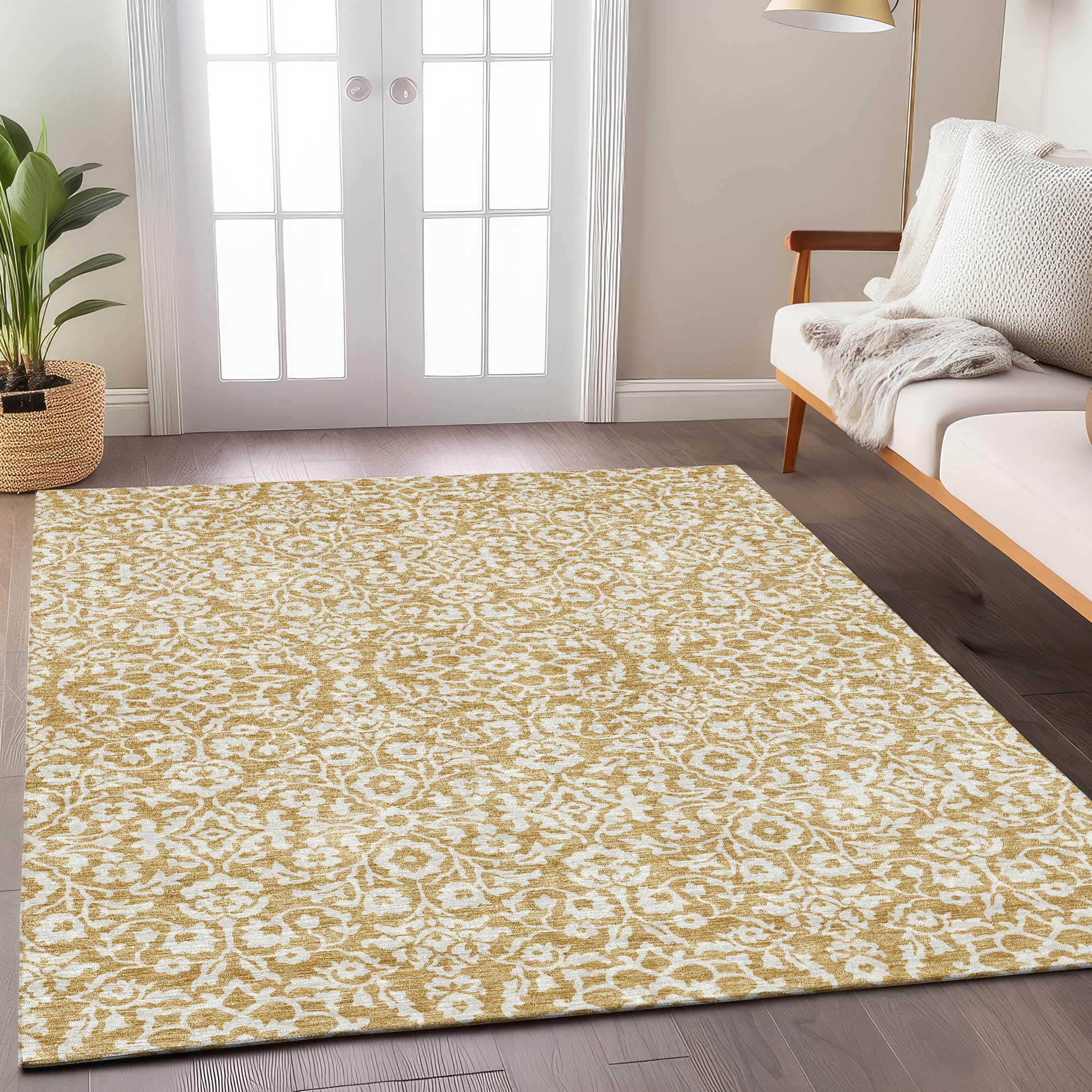 Addison Rugs Chantille Indoor/Outdoor Traditional Damask Gold Washable ...