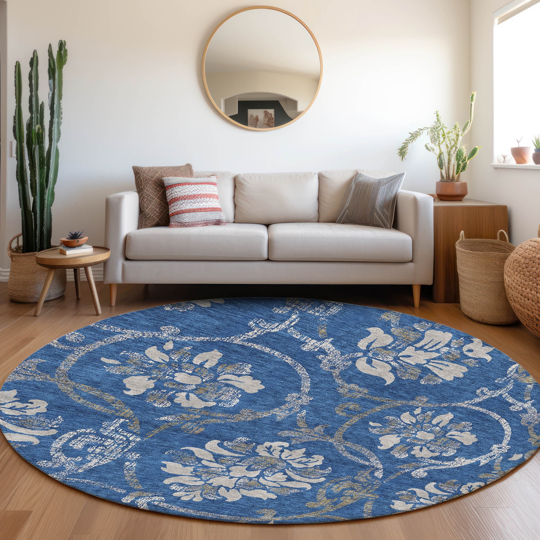 Addison Rugs Chantille Indoor/Outdoor Traditional Floral Blue Washable Round Rug, 8' x 8 ...