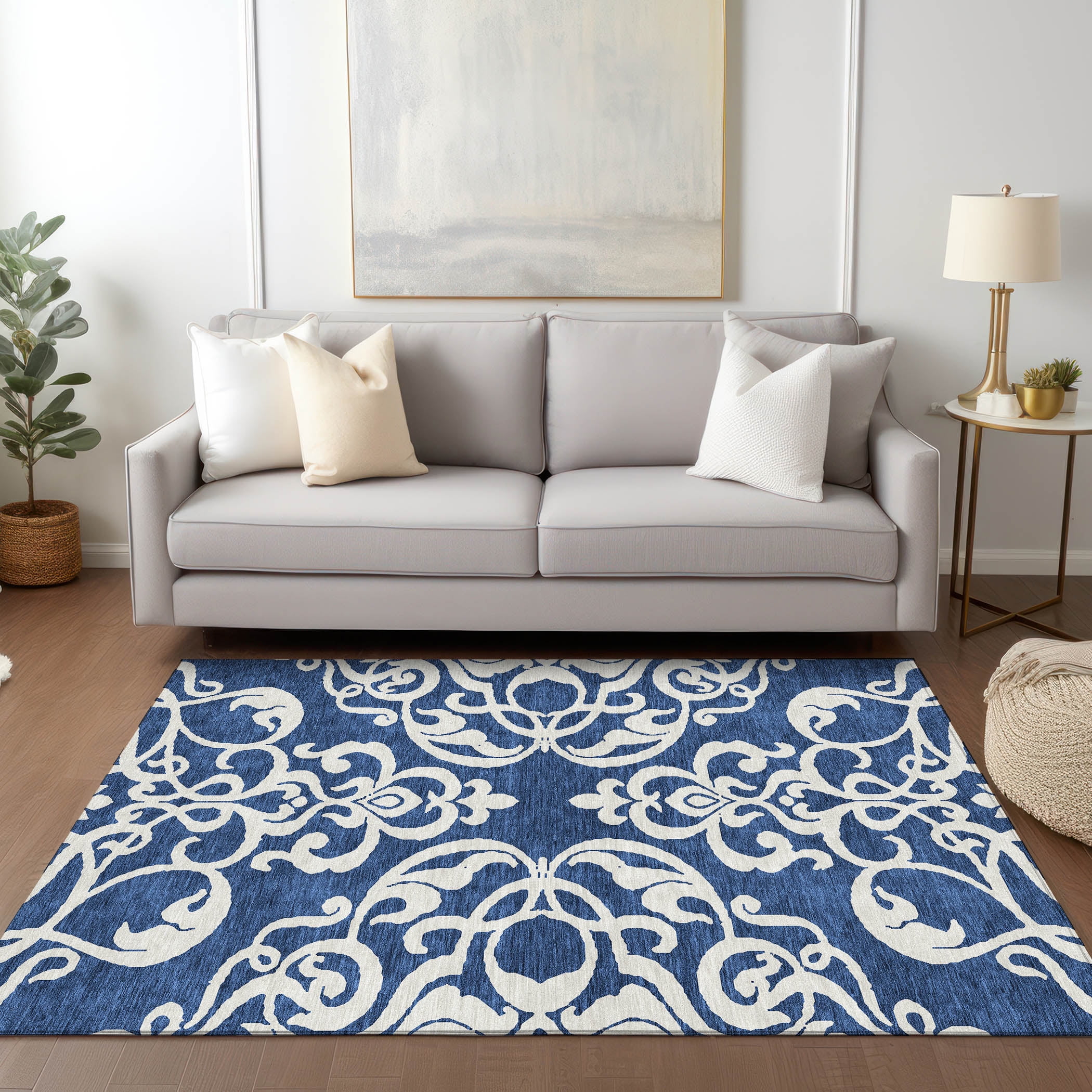 Addison Rugs Chantille Indoor/Outdoor Transitional Damask Navy Washable ...