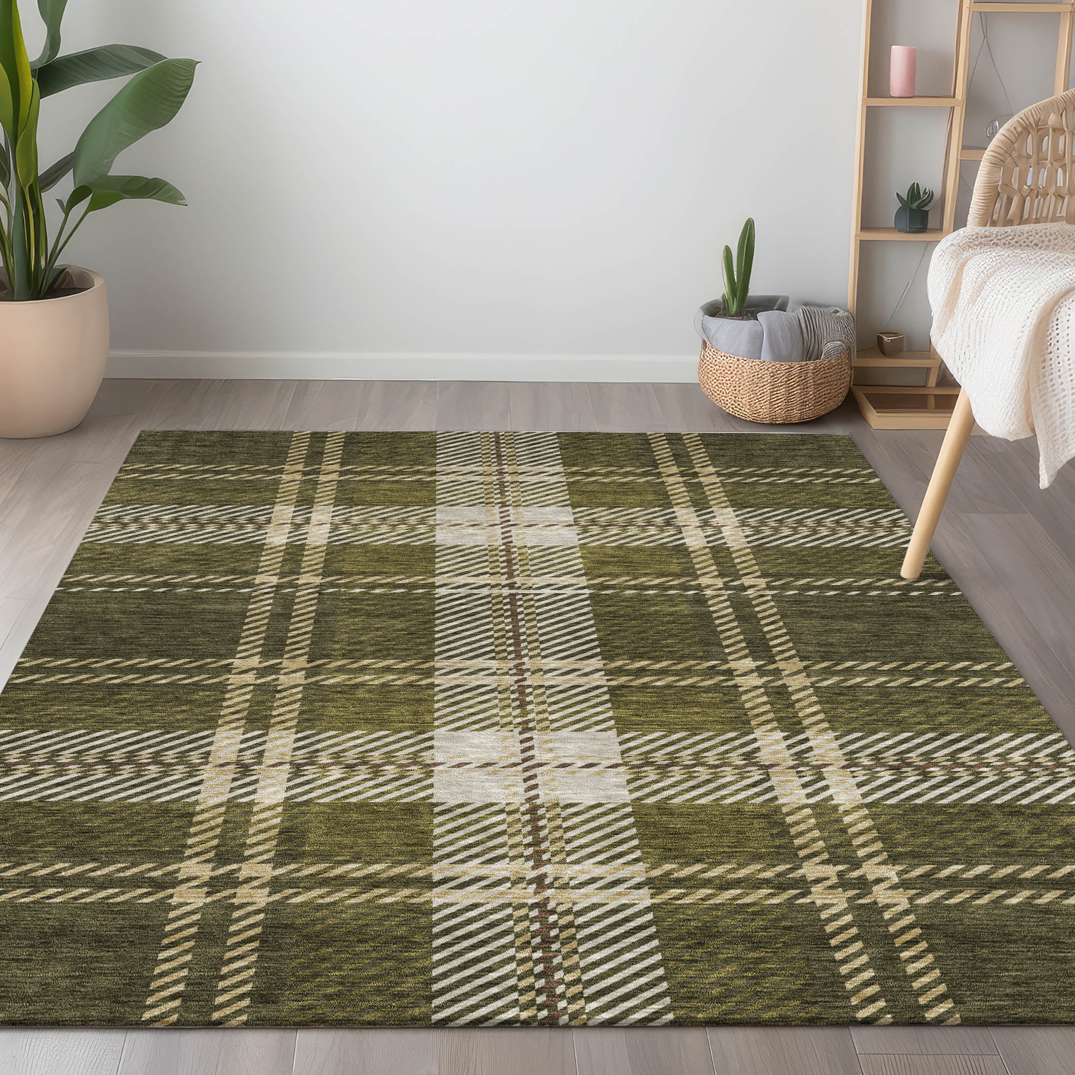 Addison Rugs Chantille Indoor/Outdoor Transitional Plaid Olive Washable ...