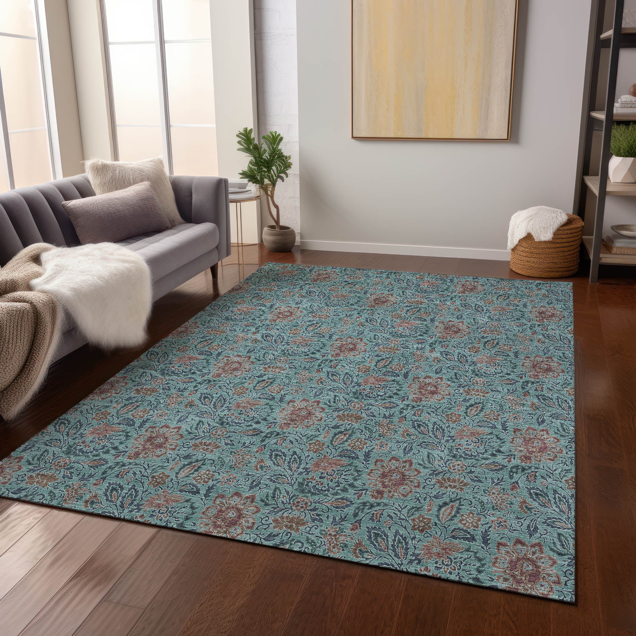 Addison Rugs Chantille Indoor/Outdoor Transitional Floral Teal Washable ...