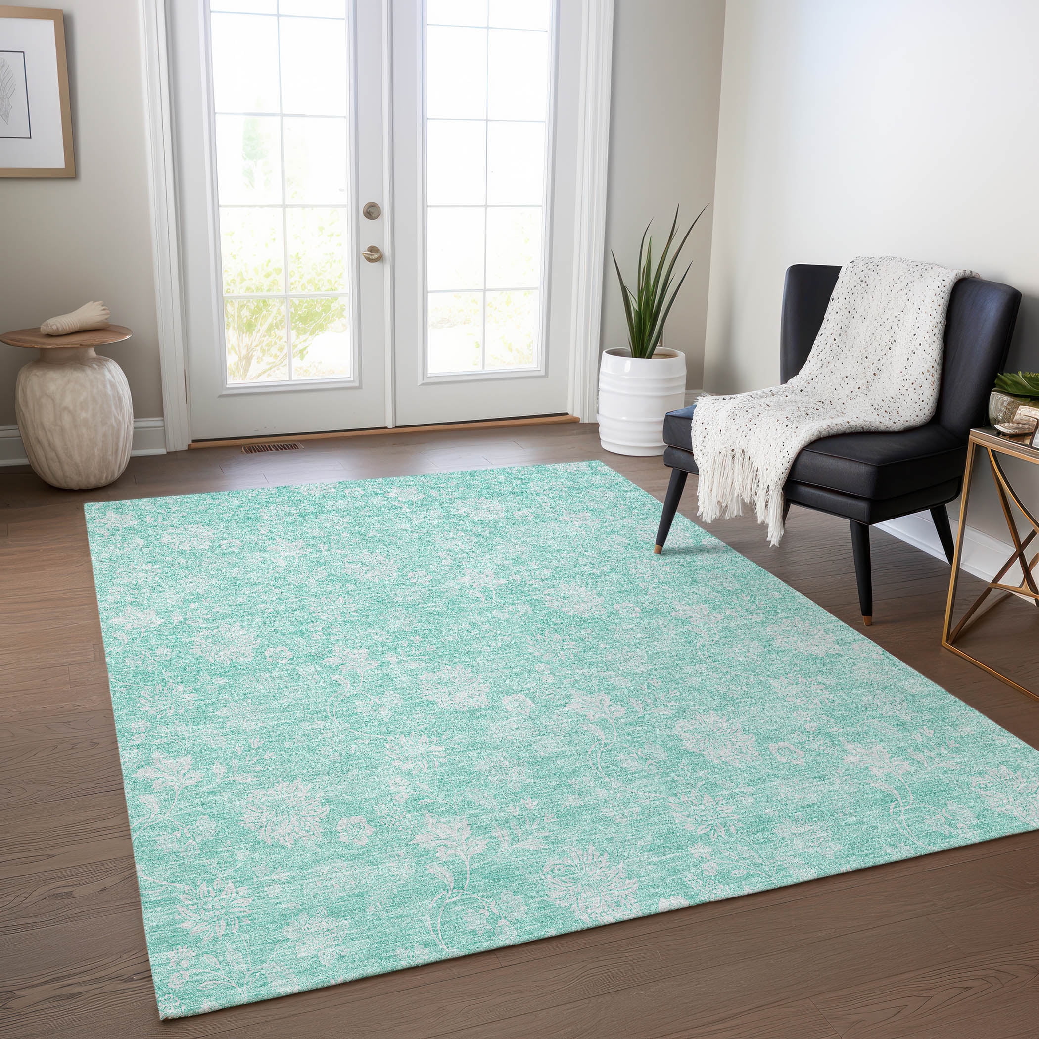 Addison Rugs Chantille Indoor/Outdoor Transitional Floral Aqua Washable ...