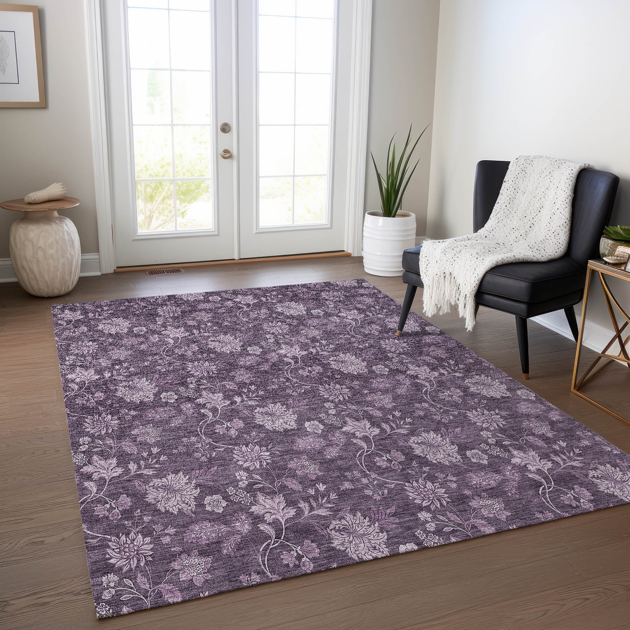 Addison Rugs Chantille Indoor/Outdoor Transitional Floral Plum Washable ...
