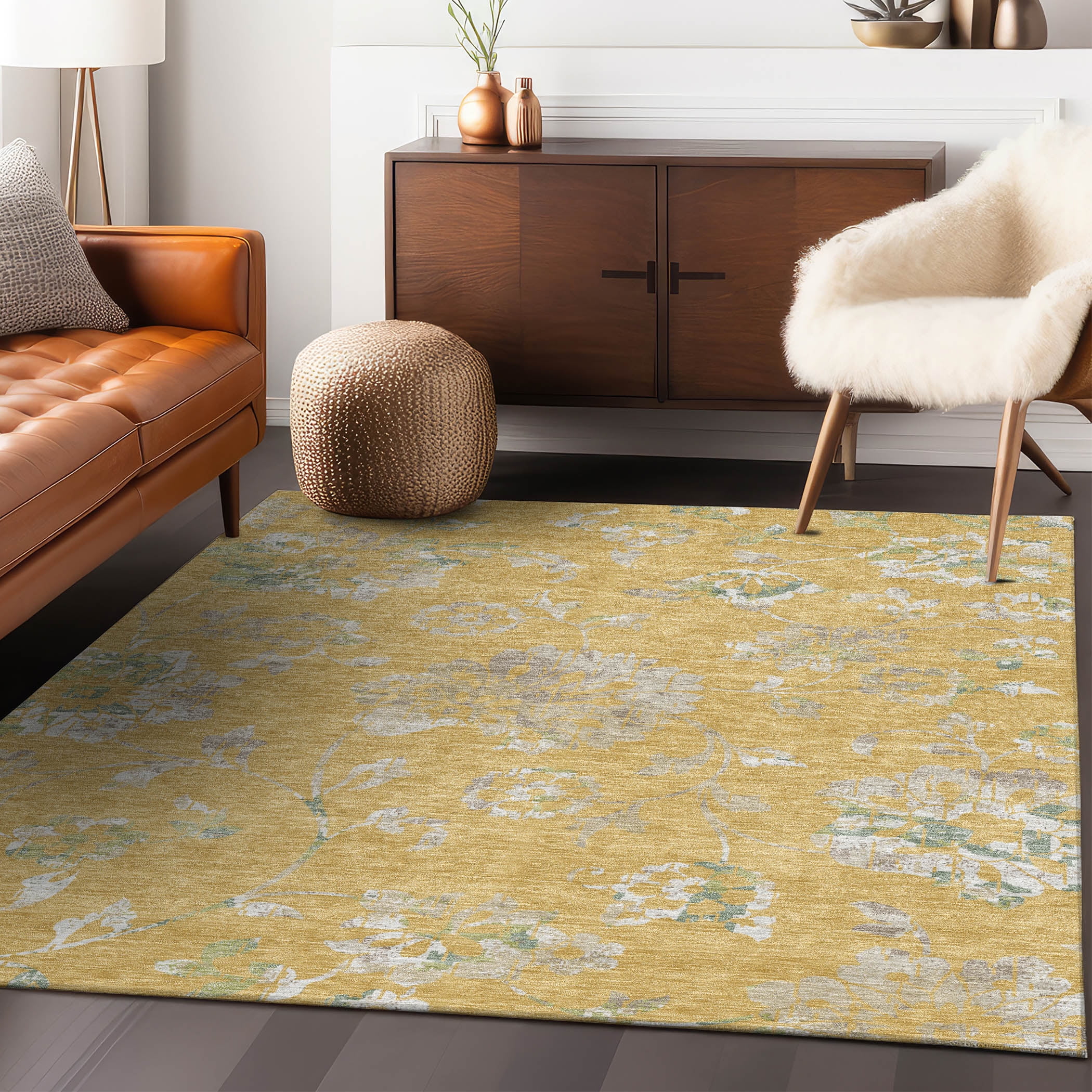 Addison Rugs Chantille Indoor/Outdoor Transitional Floral Gold Washable ...