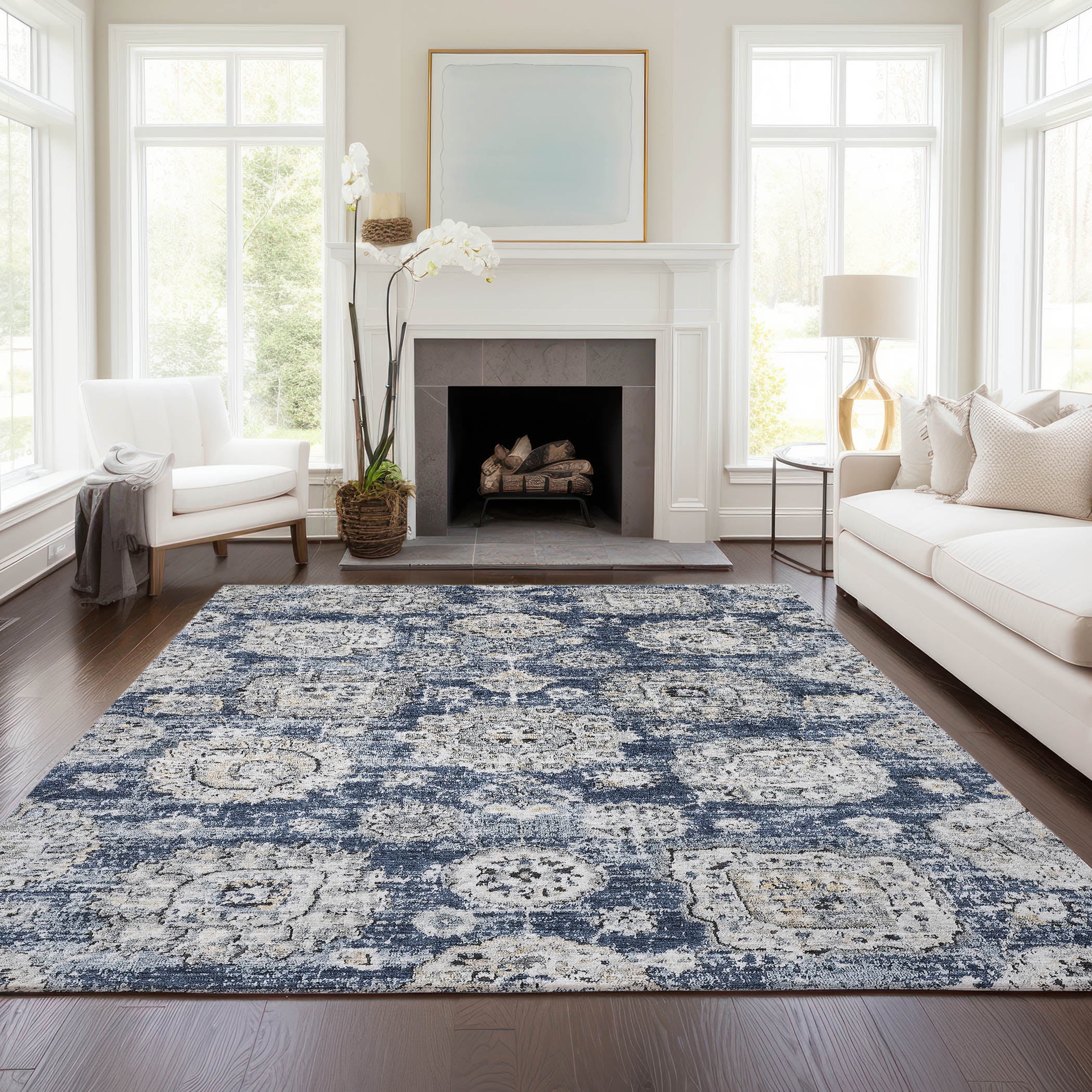 Addison Rugs Chantille Indoor/Outdoor Transitional Floral Navy Washable ...