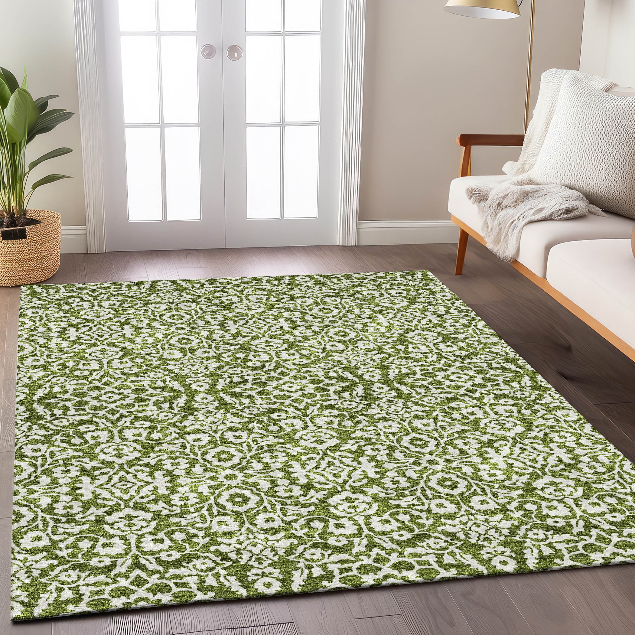 Addison Rugs Chantille Indoor/Outdoor Traditional Damask Olive Washable ...