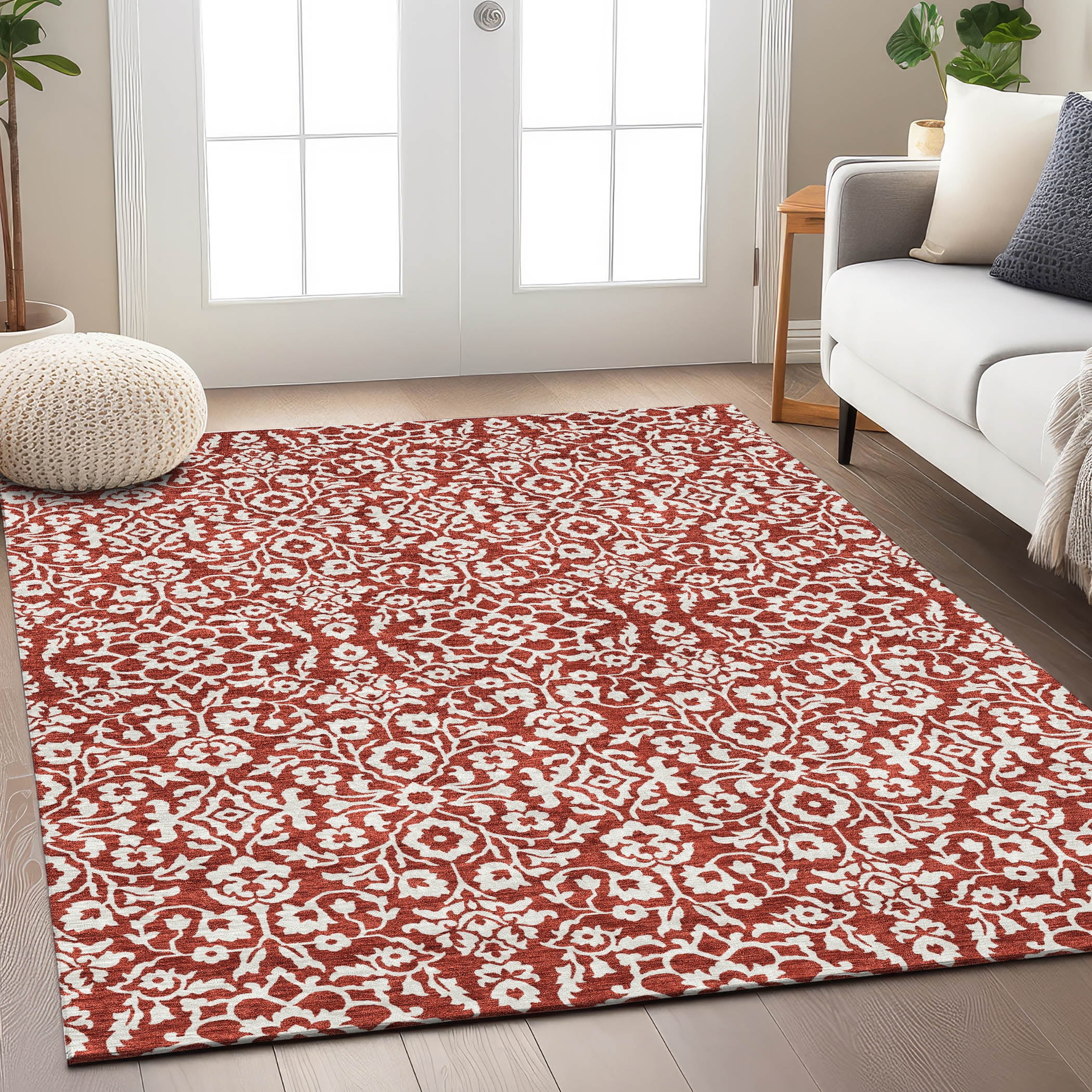 Addison Rugs Chantille Indoor/Outdoor Traditional Damask Red Washable ...