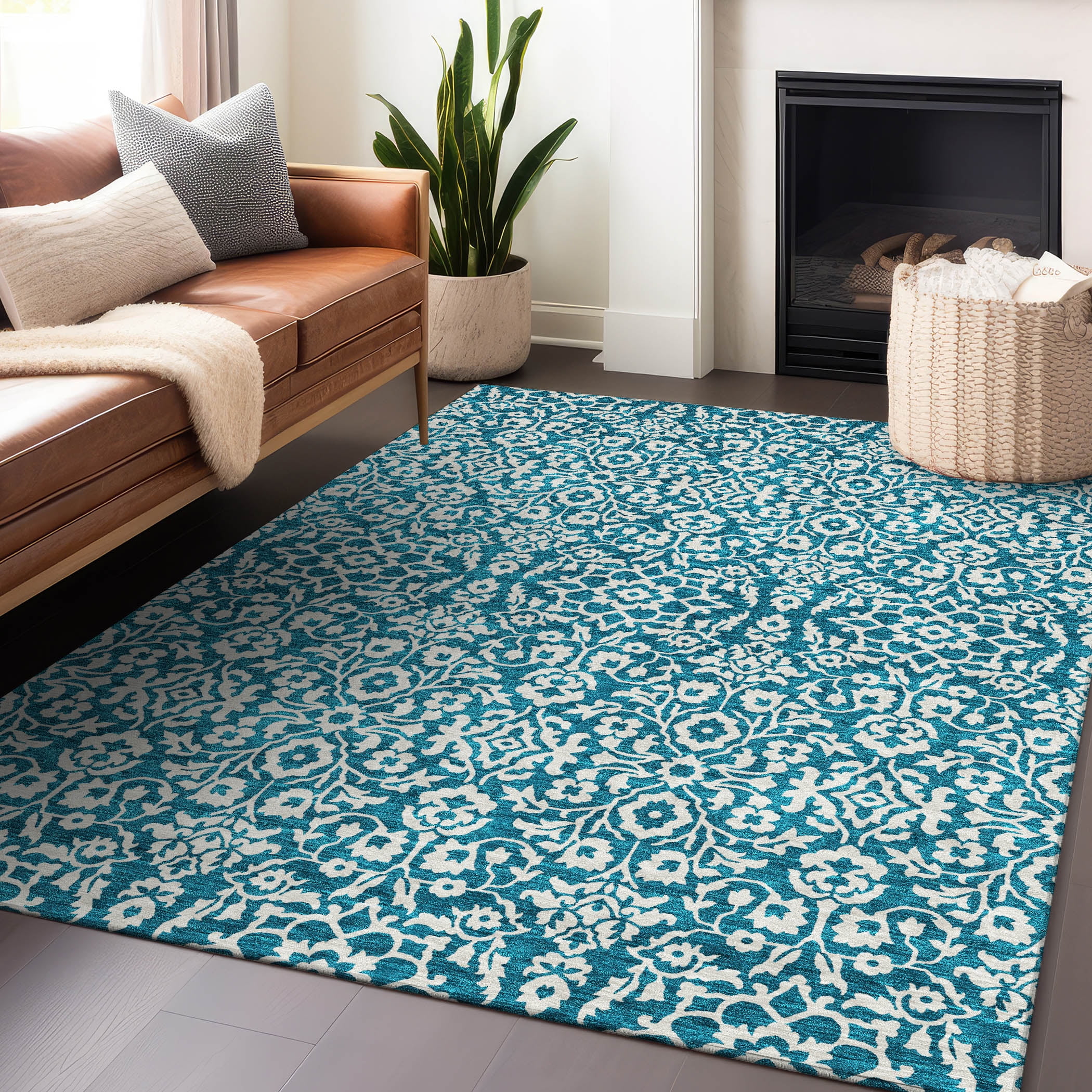Addison Rugs Chantille Indoor Outdoor Traditional Damask Teal Washable