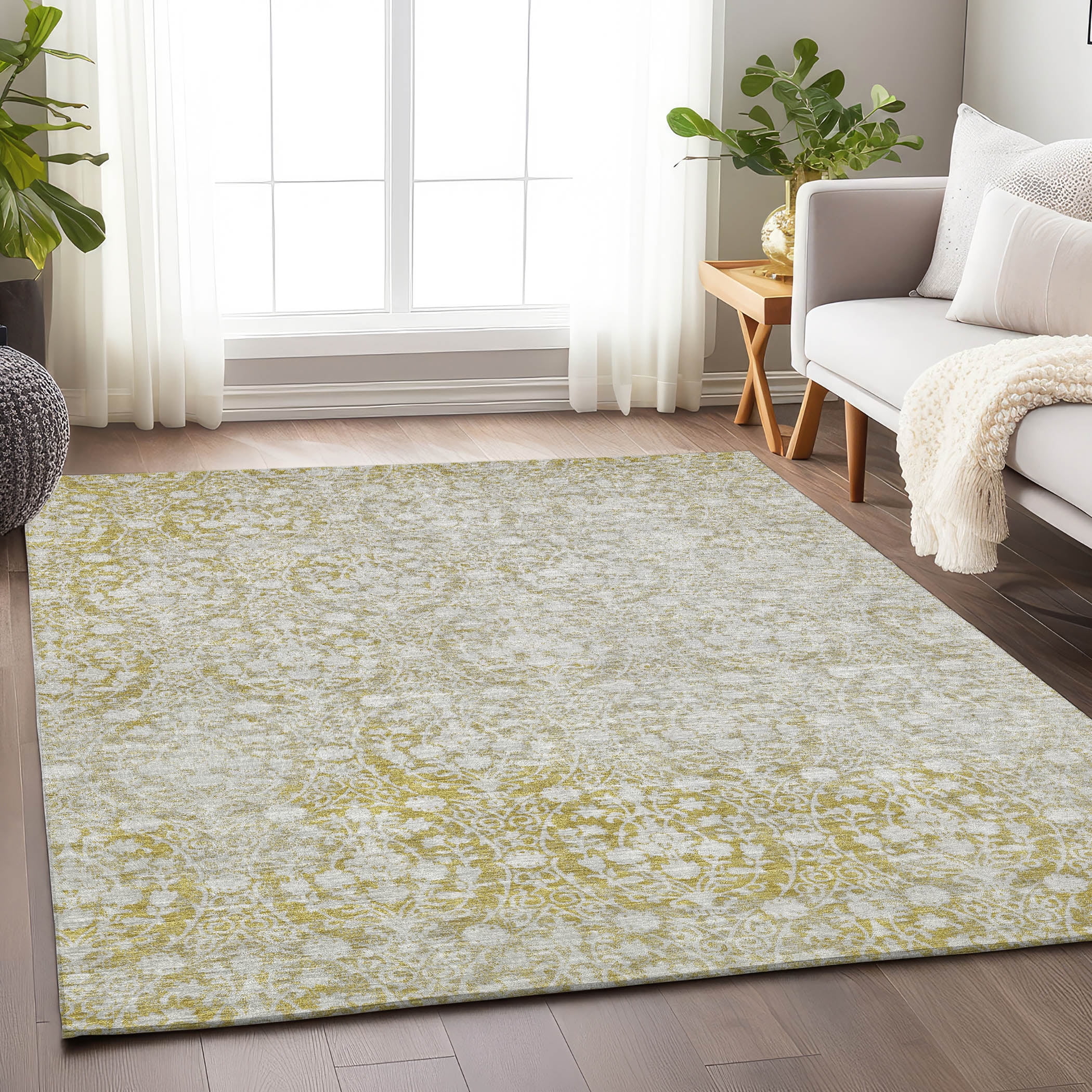 Addison Rugs Chantille Indoor/Outdoor Transitional Damask Gold Washable ...