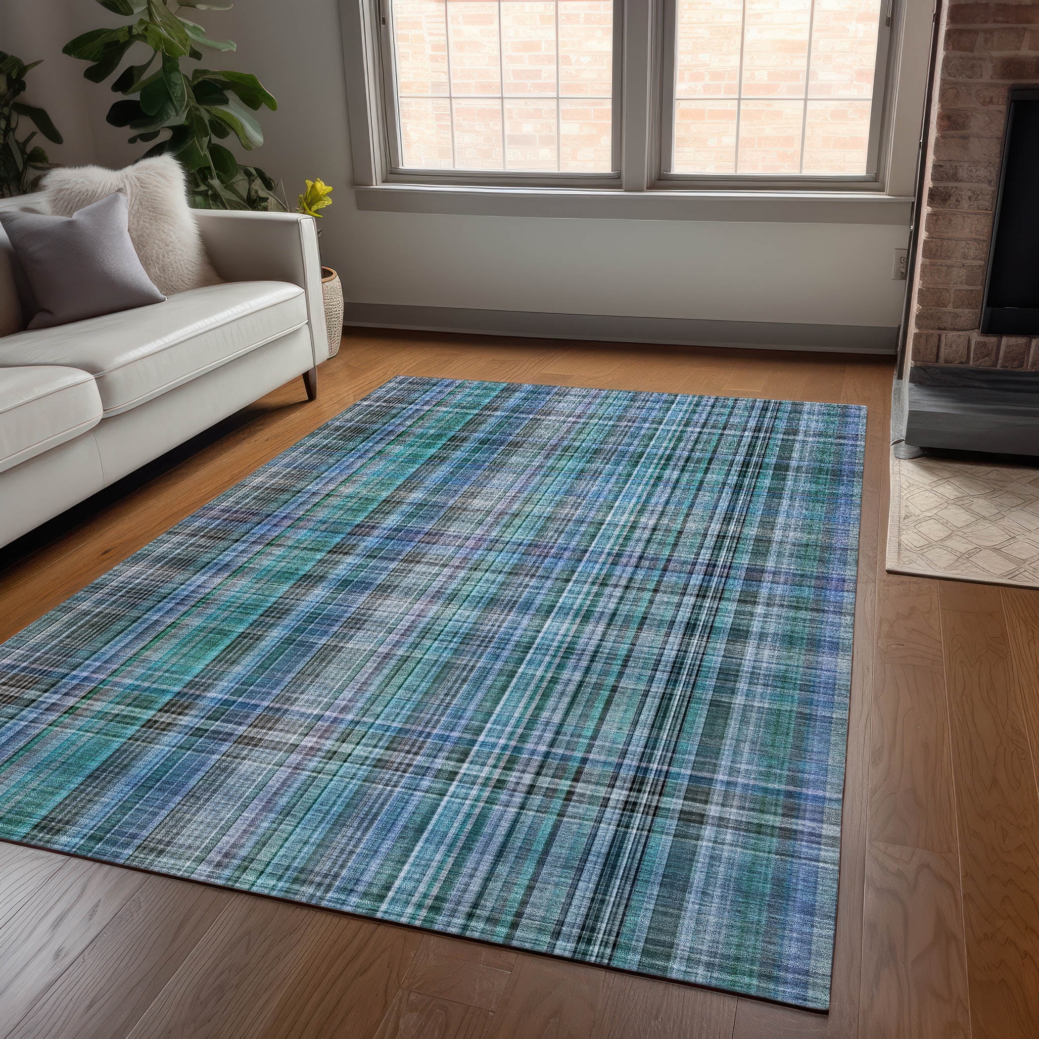 Addison Rugs Chantille Indoor/Outdoor Transitional Plaid Teal Washable ...