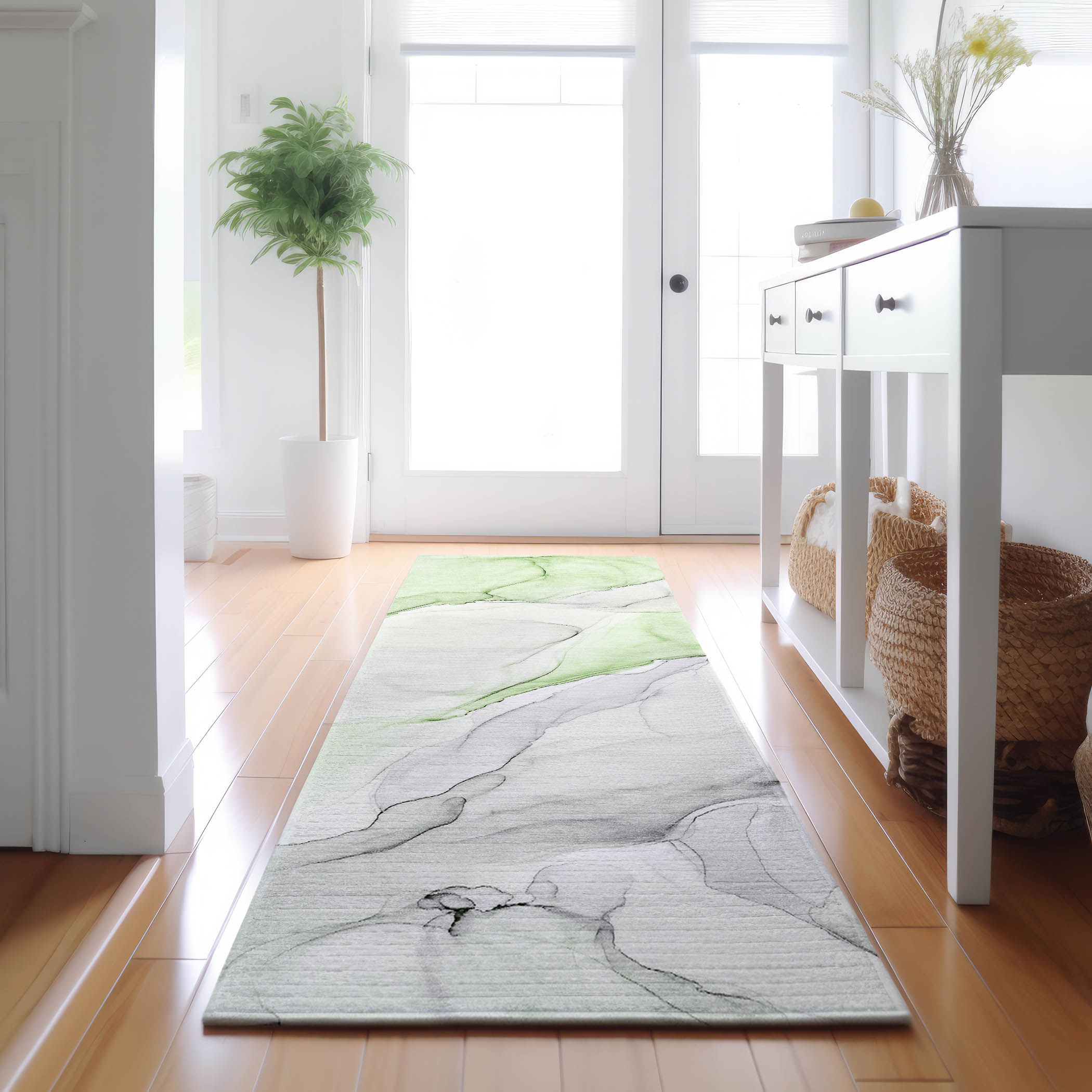 Addison Rugs Mayfield Washable Transitional Watercolors Green Runner ...