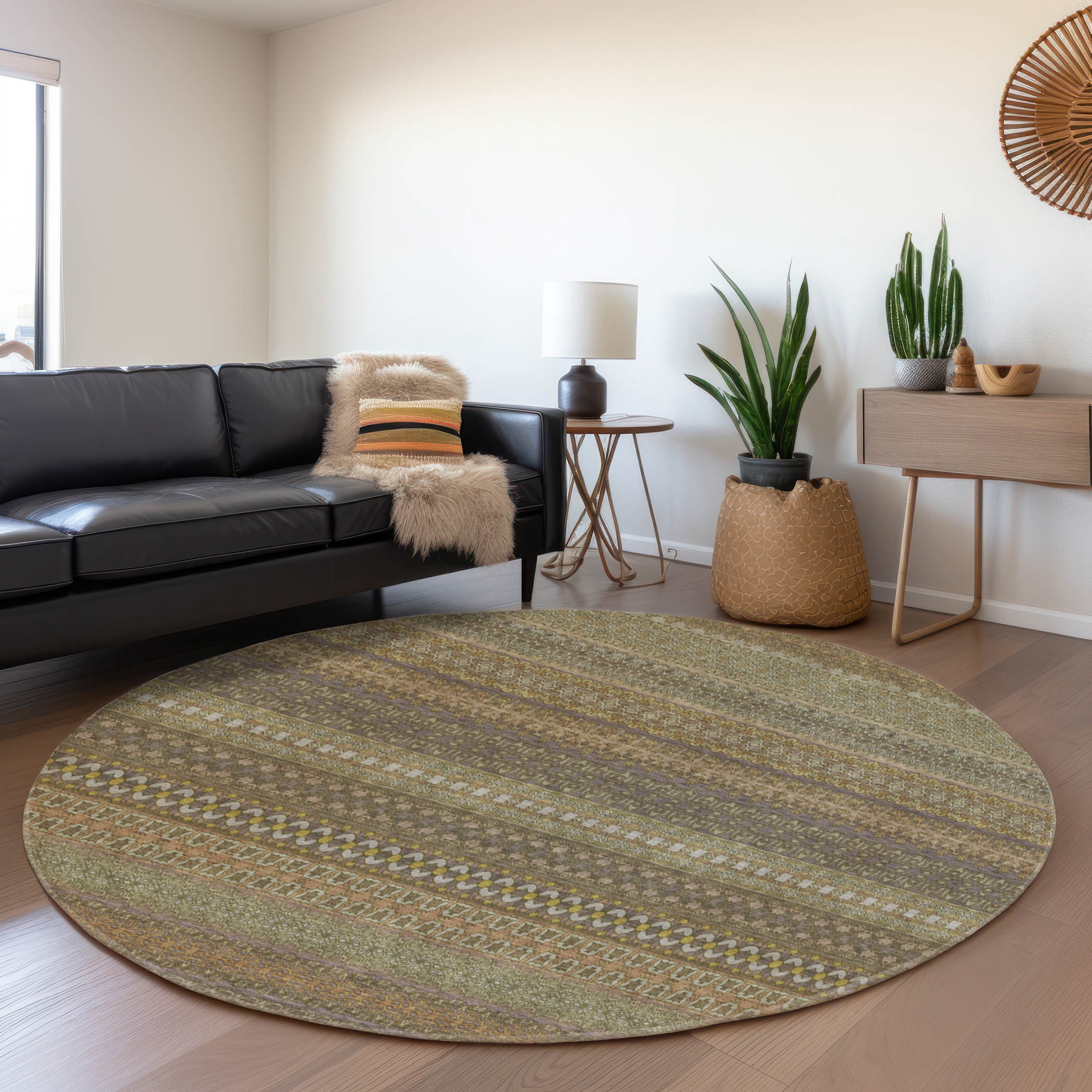 Addison Rugs Mayfield Washable Transitional Stripes Khaki Round Rug, 8 ...