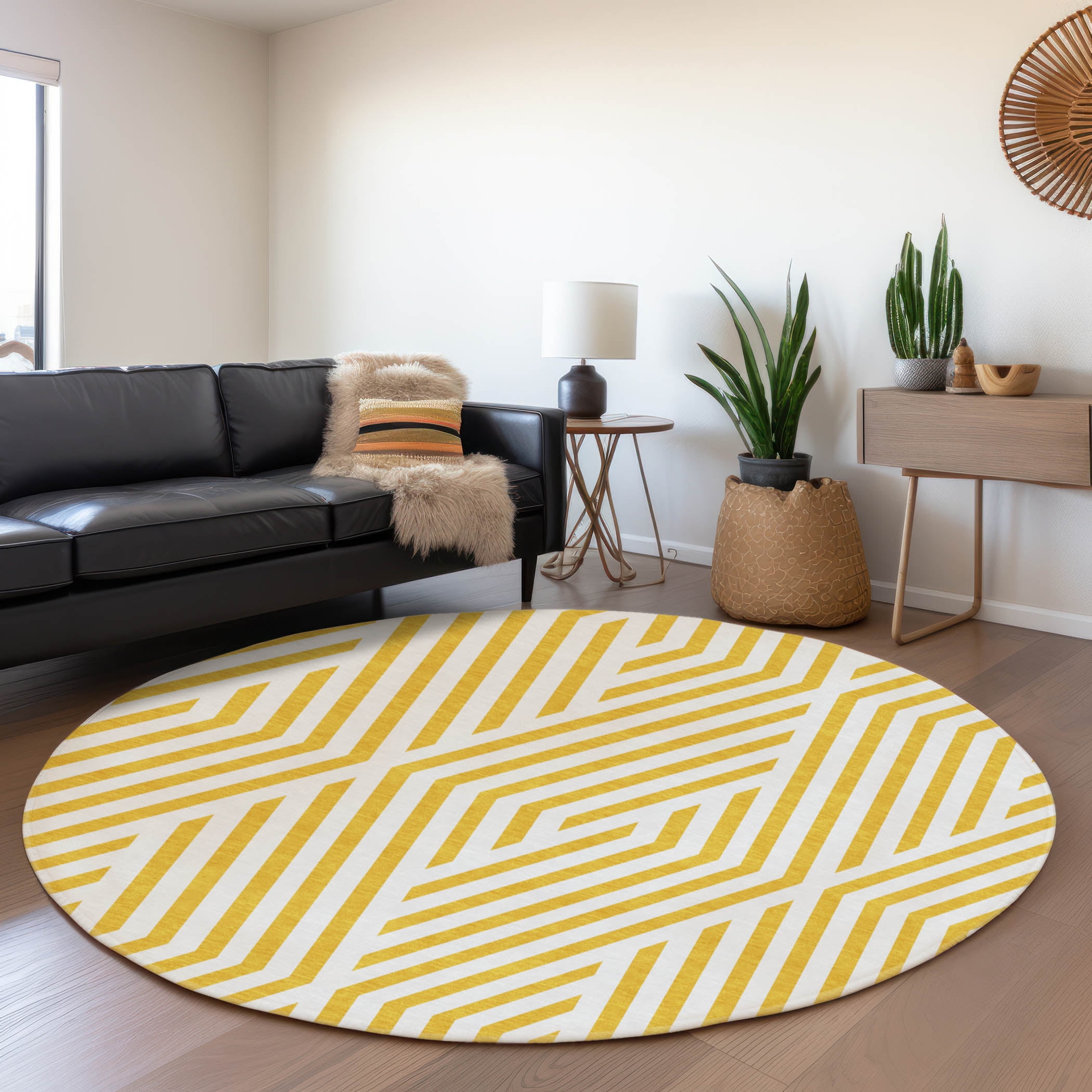 Addison Rugs Mayfield Washable Transitional Geometric Yellow Round Rug ...