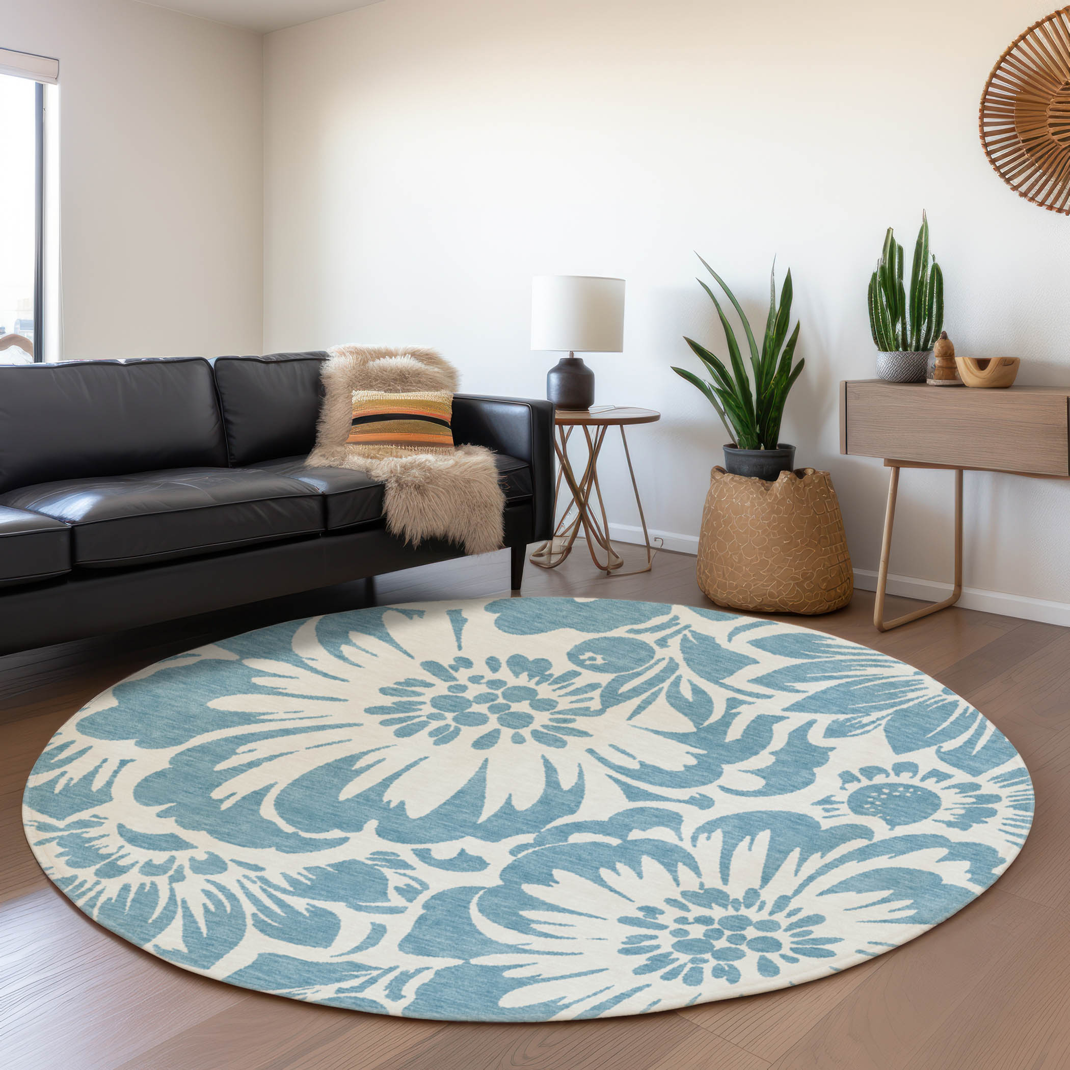 Addison Rugs Mayfield Washable Transitional Floral Denim Round Rug, 8 ...