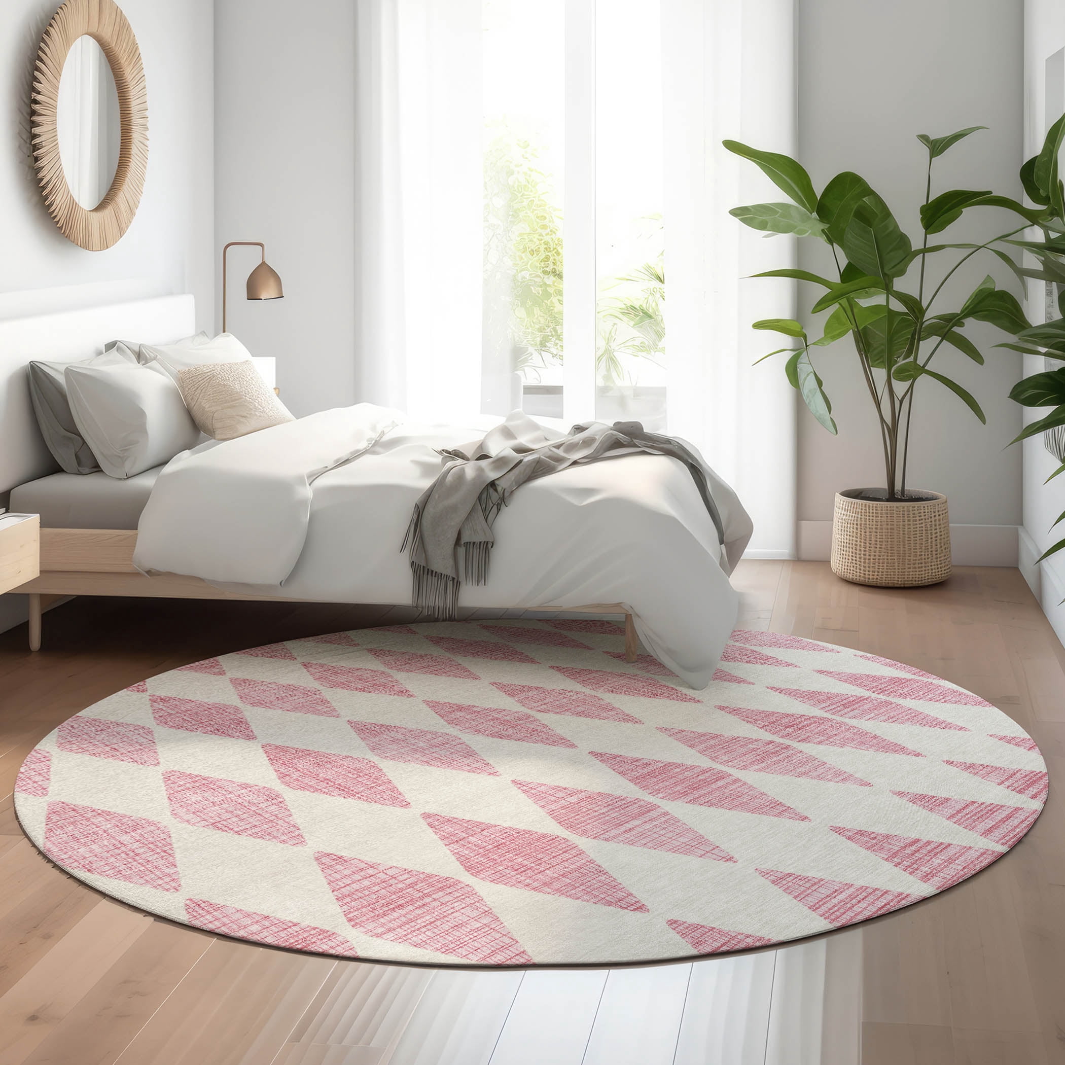 Addison Rugs Mayfield Washable Transitional Diamonds Pink Round Rug, 8 ...