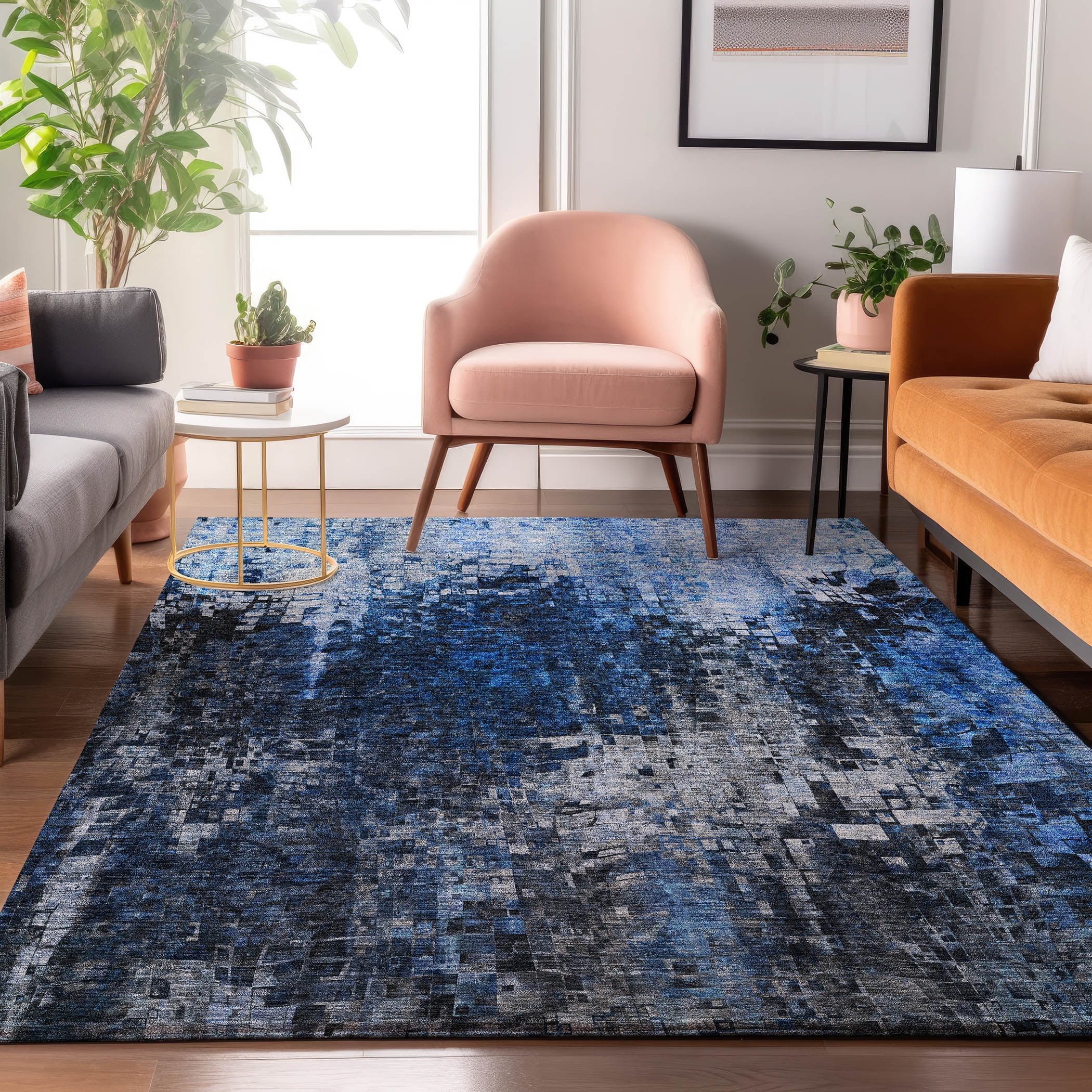 Addison Rugs Mayfield Washable Transitional Squares Blue Rectangle Rug ...