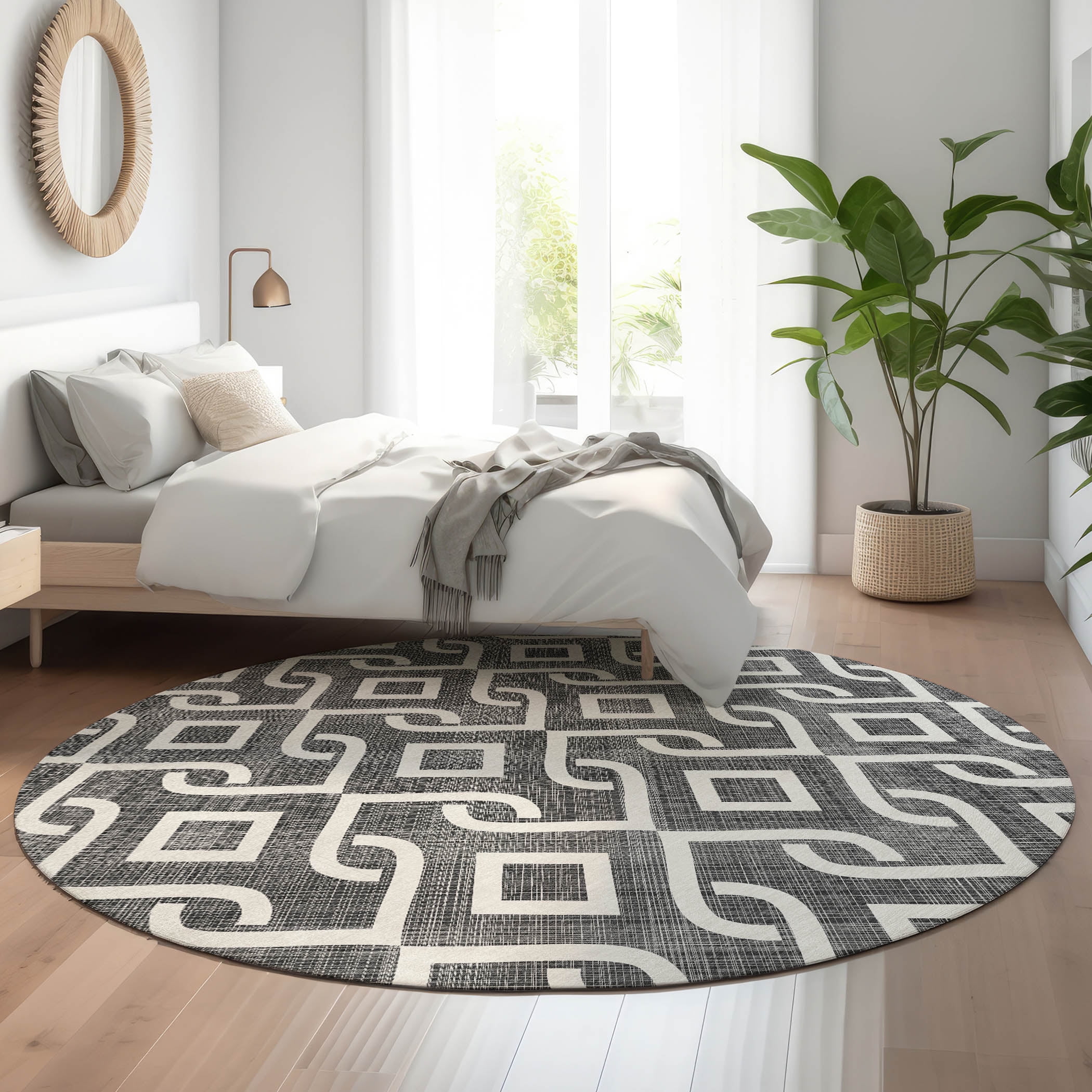Addison Rugs Mayfield Washable Transitional Geometric Black Round Rug ...