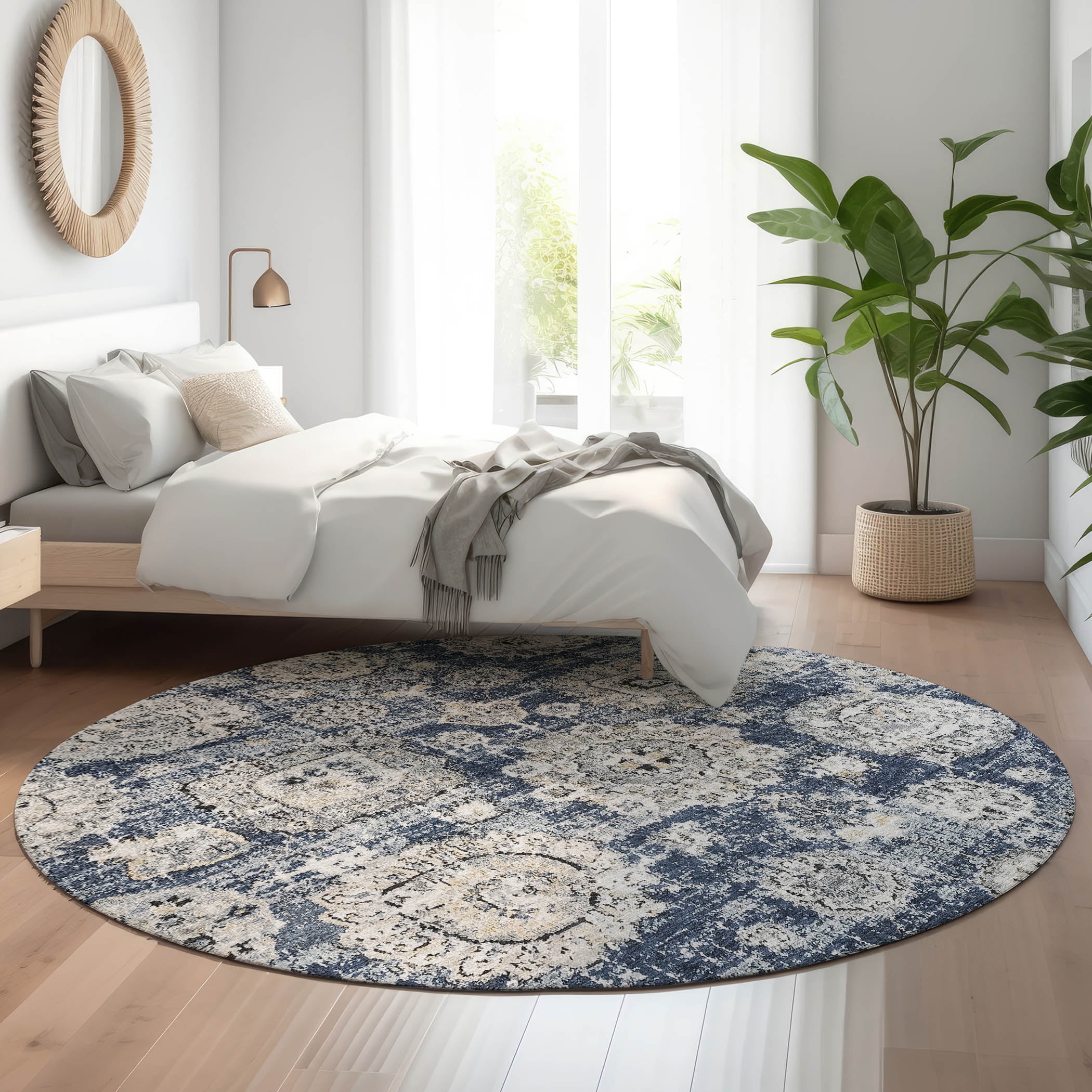 Addison Rugs Mayfield Washable Transitional Floral Navy Round Rug, 8' x ...