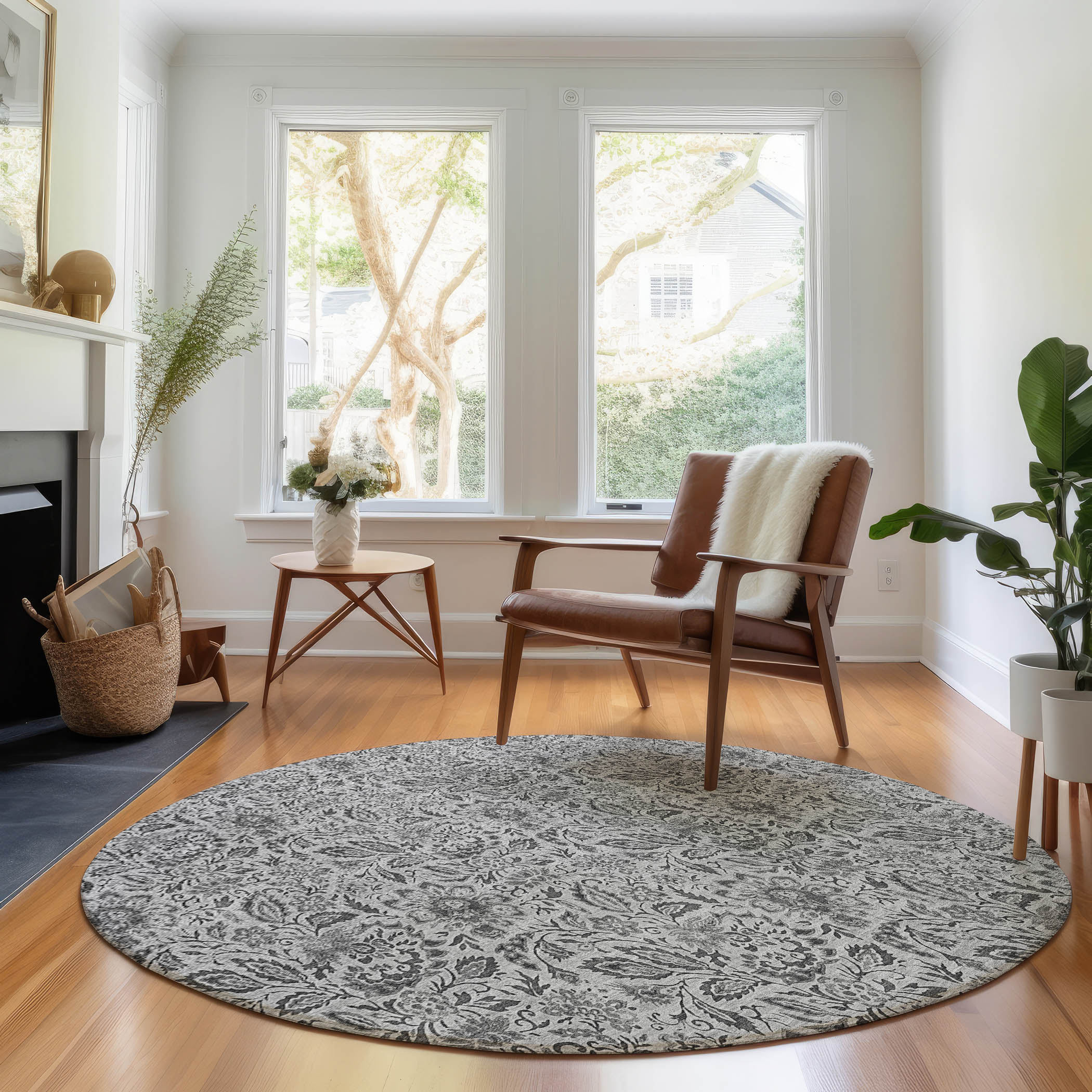 Addison Rugs Mayfield Washable Transitional Floral Gray Round Rug, 8' x ...
