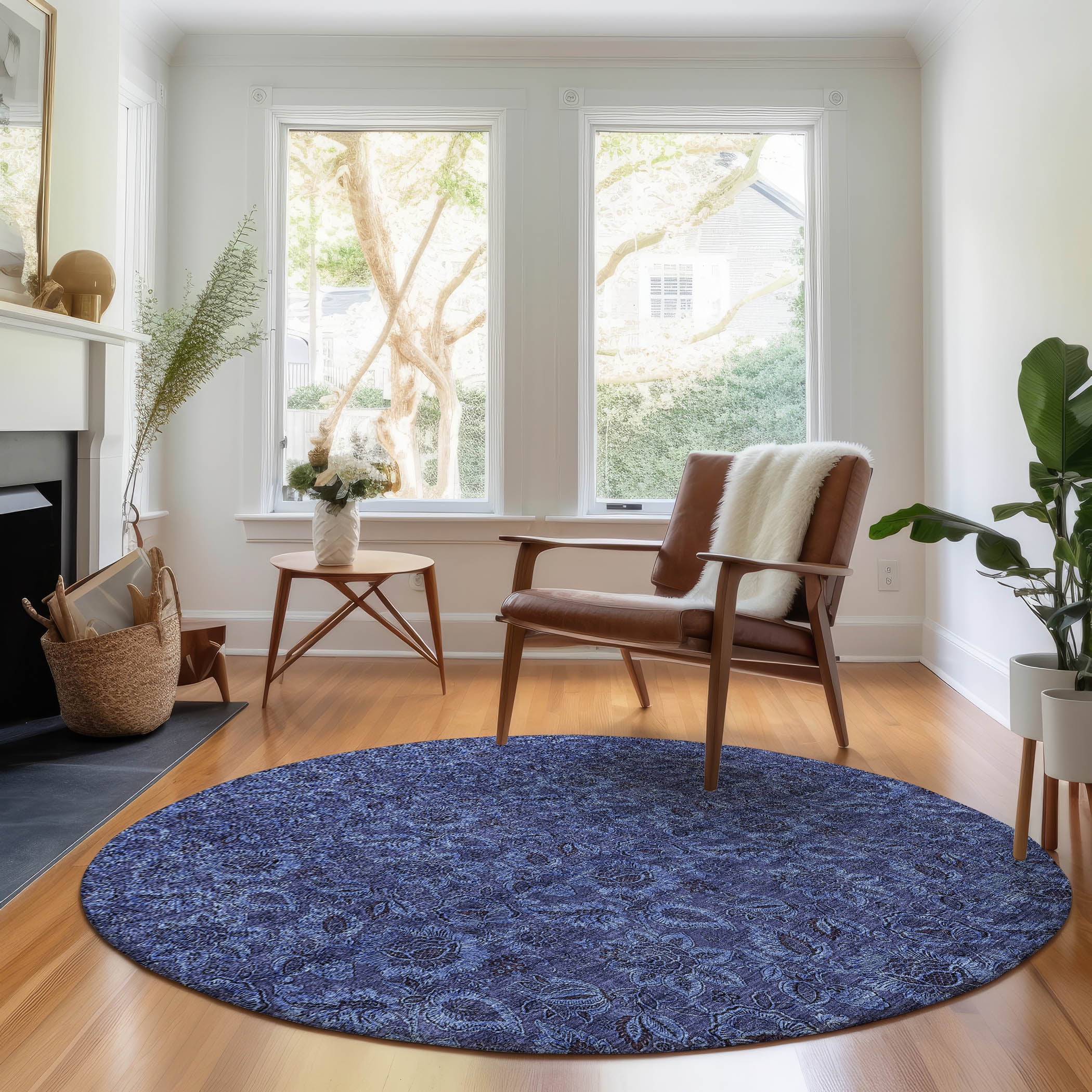 Addison Rugs Mayfield Washable Transitional Floral Navy Round Rug, 8' x ...