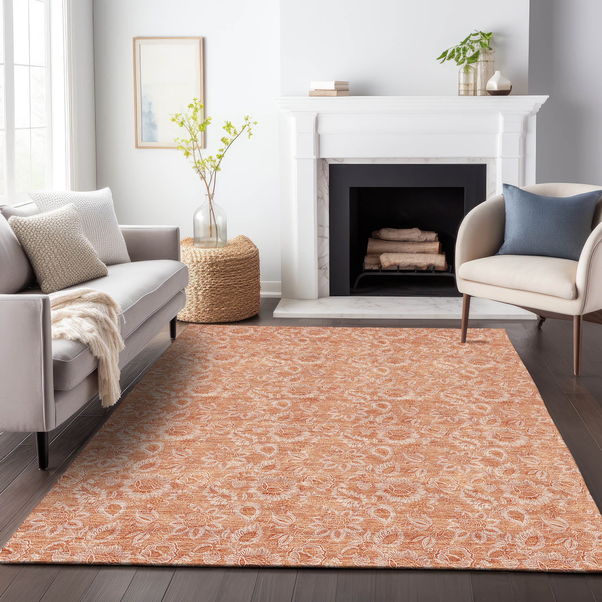 Addison Rugs Mayfield Washable Transitional Floral Salmon Rectangle Rug ...