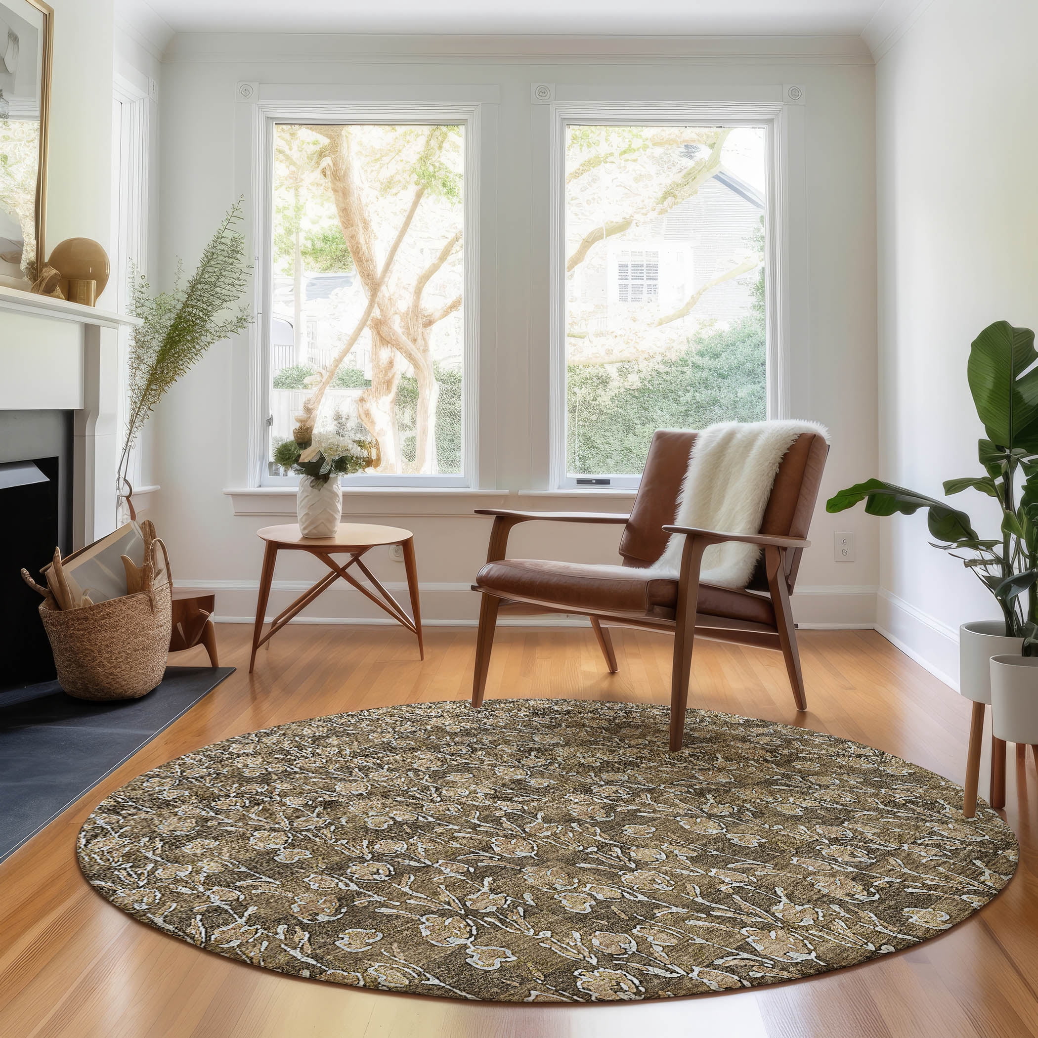 Addison Rugs Mayfield Washable Transitional Floral Brown Round Rug, 8 ...