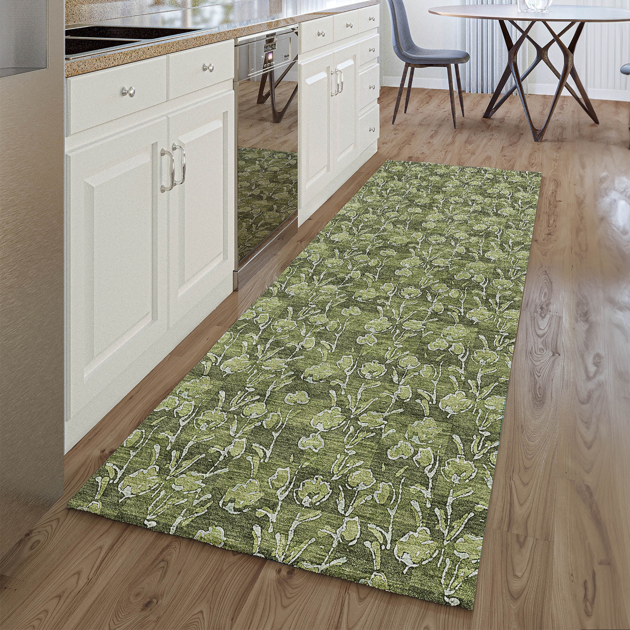 Addison Rugs Mayfield Washable Transitional Floral Olive Runner Rug, 2 ...