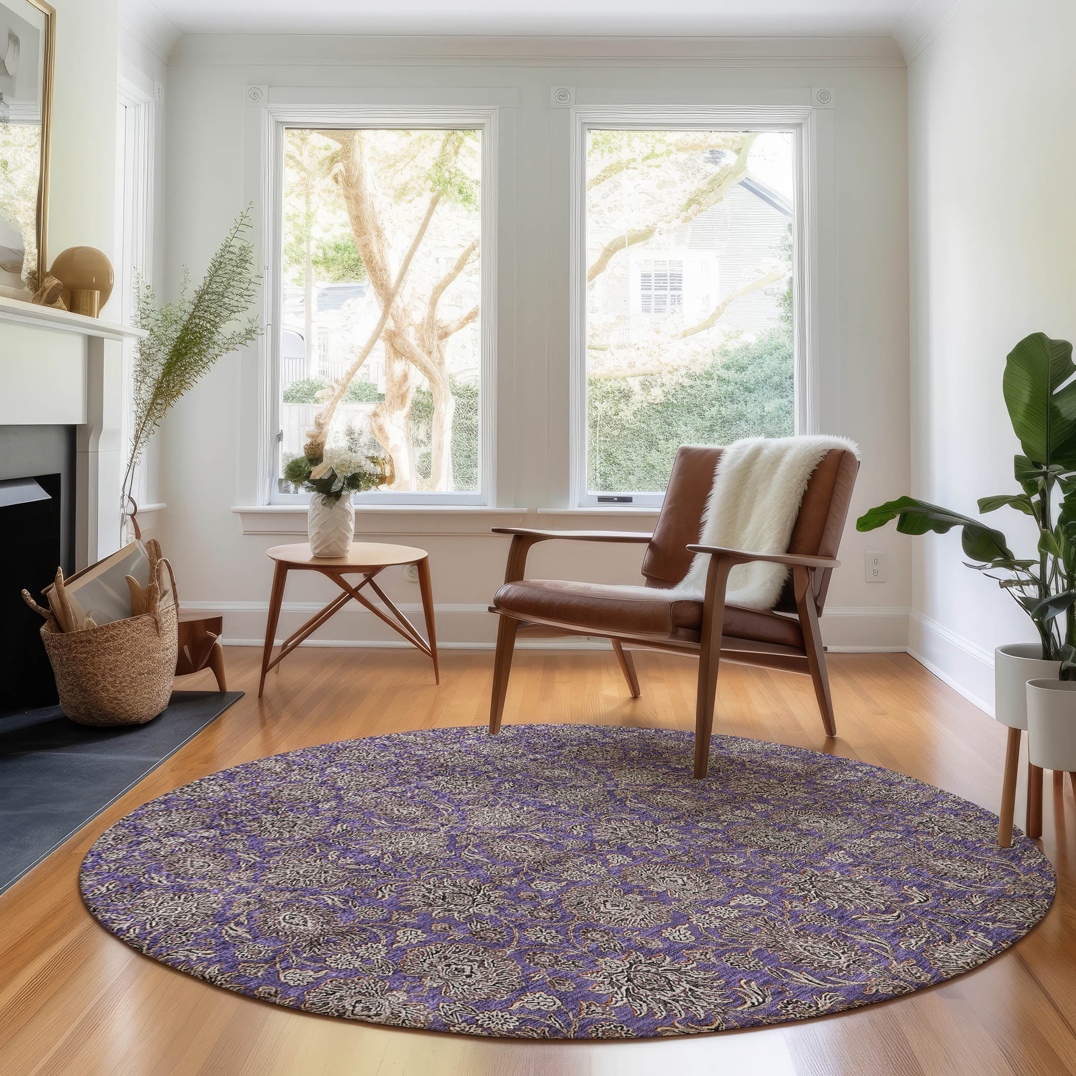 Addison Rugs Mayfield Washable Transitional Floral Purple Round Rug, 8 ...