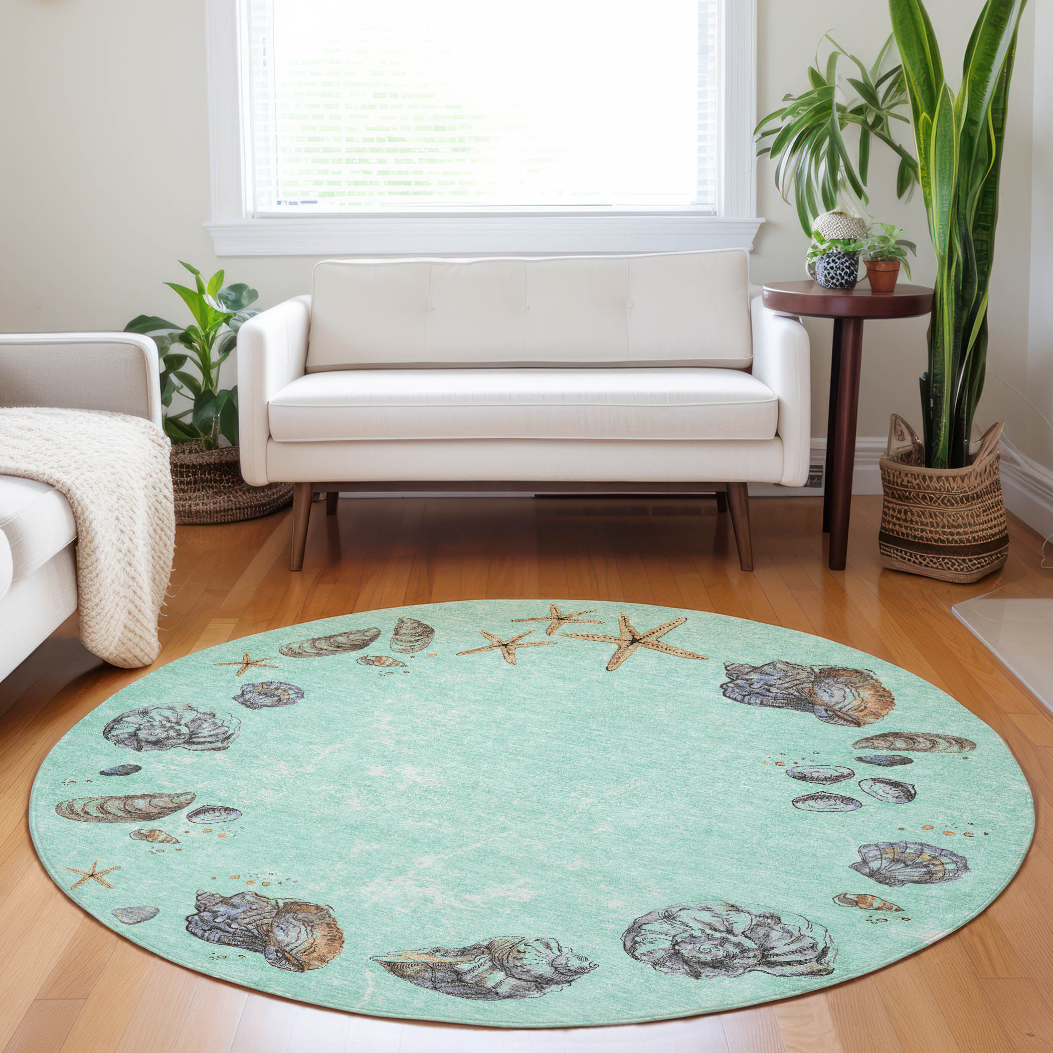 Addison Rugs Mayfield Washable Coastal Shell Border Green Round Rug, 8 ...
