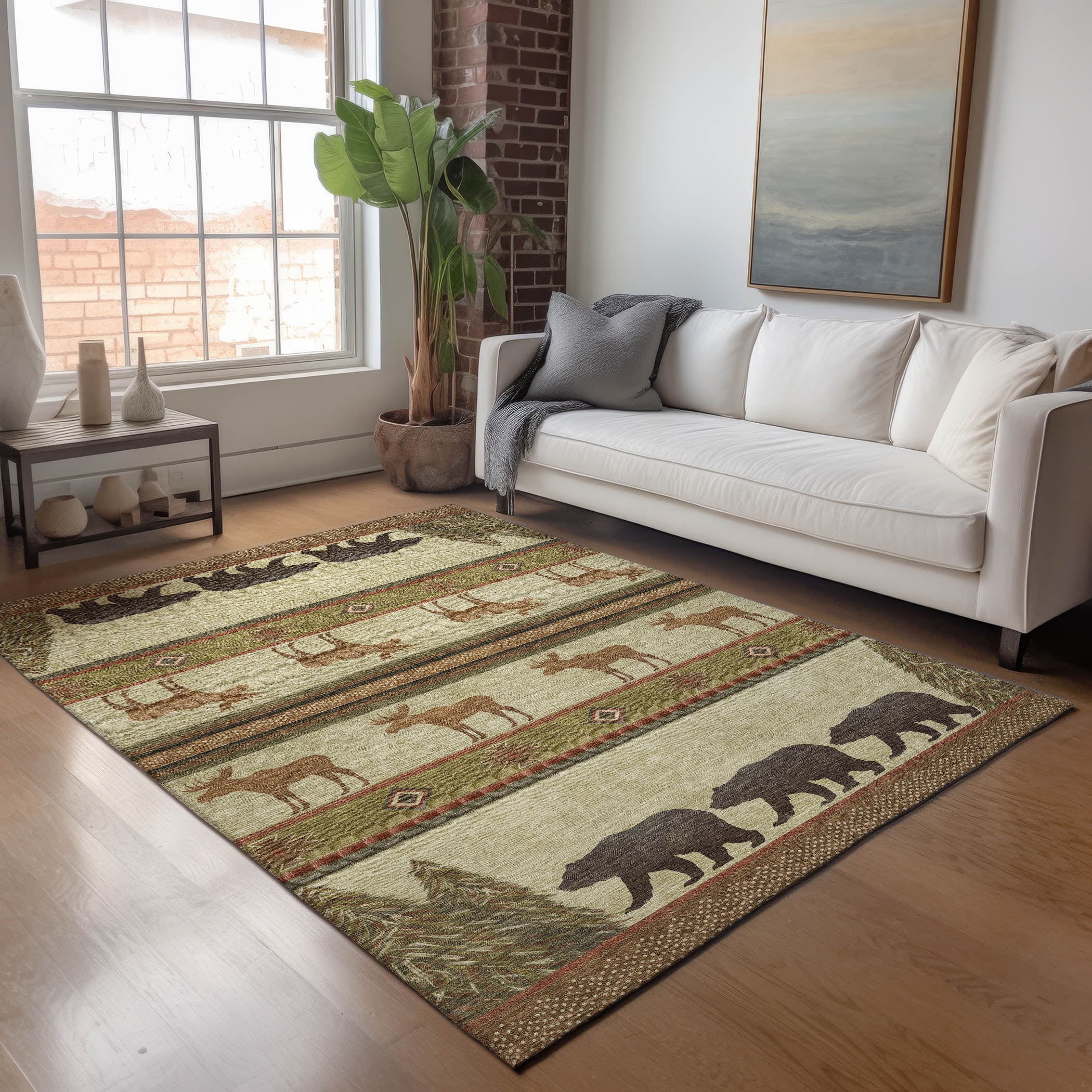 Addison Rugs Mayfield Washable Lodge Bear/moose Cutouts Brown Rectangle ...