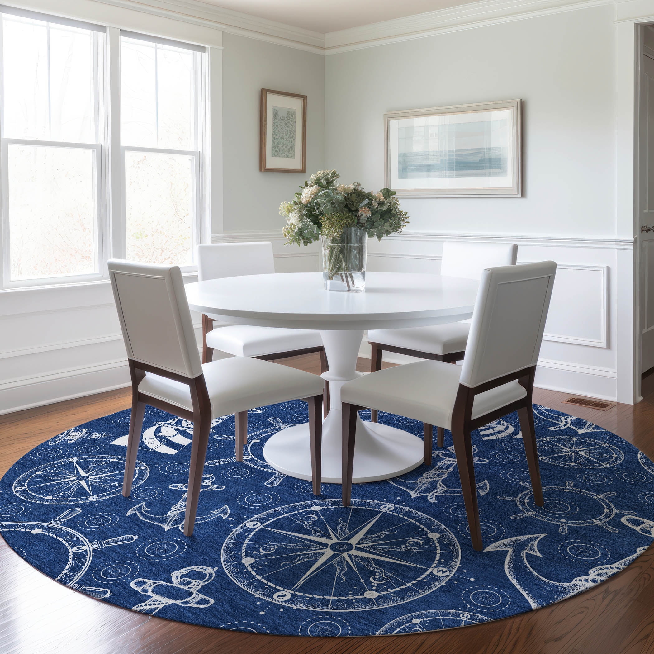 Addison Rugs Mayfield Washable Coastal Nautical Navy Round Rug, 8' x 8 ...