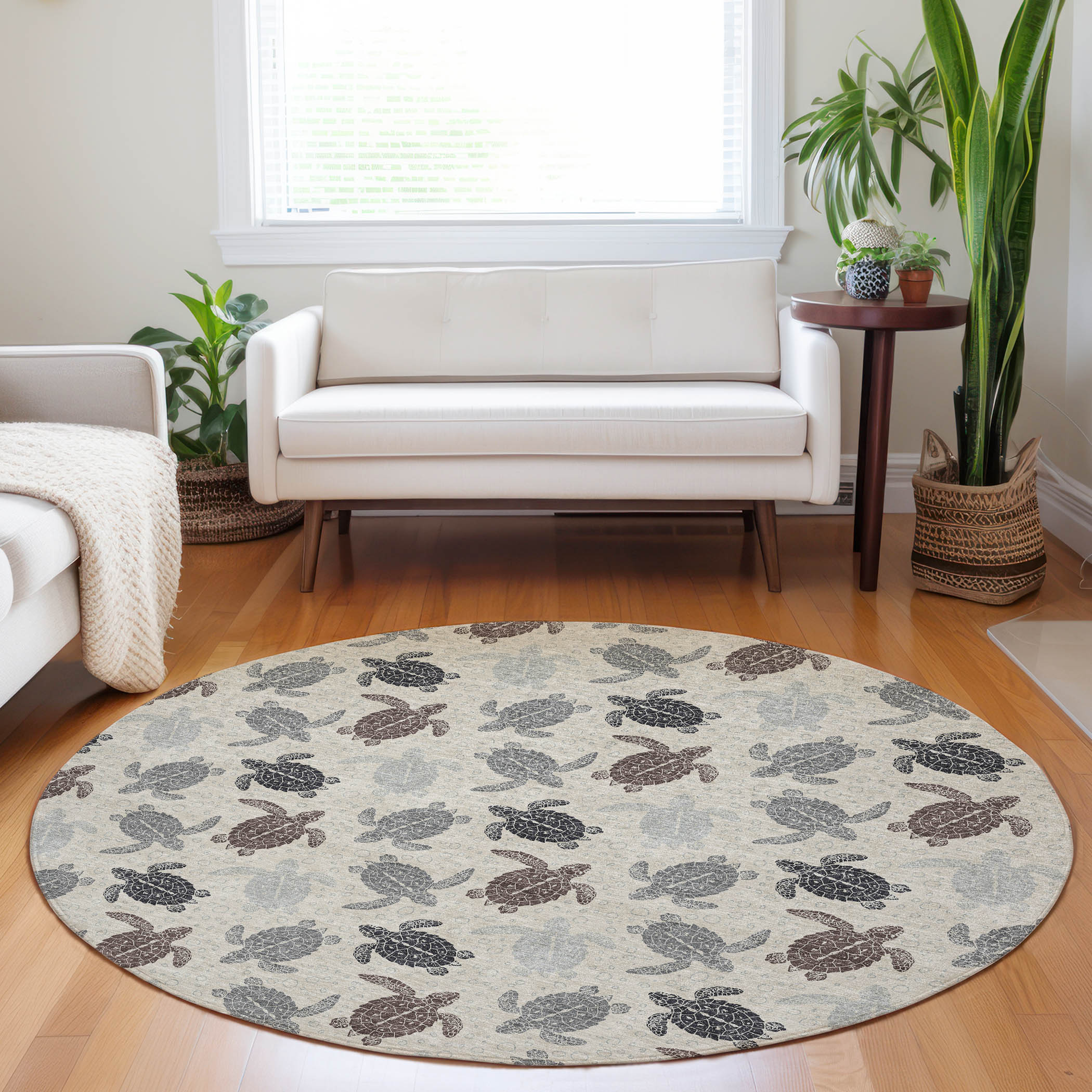 Addison Rugs Mayfield Washable Coastal Turtles Sand Round Rug, 8' x 8 ...