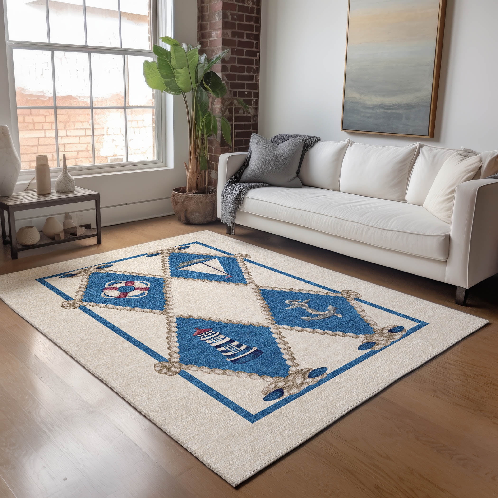 Addison Rugs Mayfield Washable Coastal Lighthouse Ivory Rectangle Rug ...