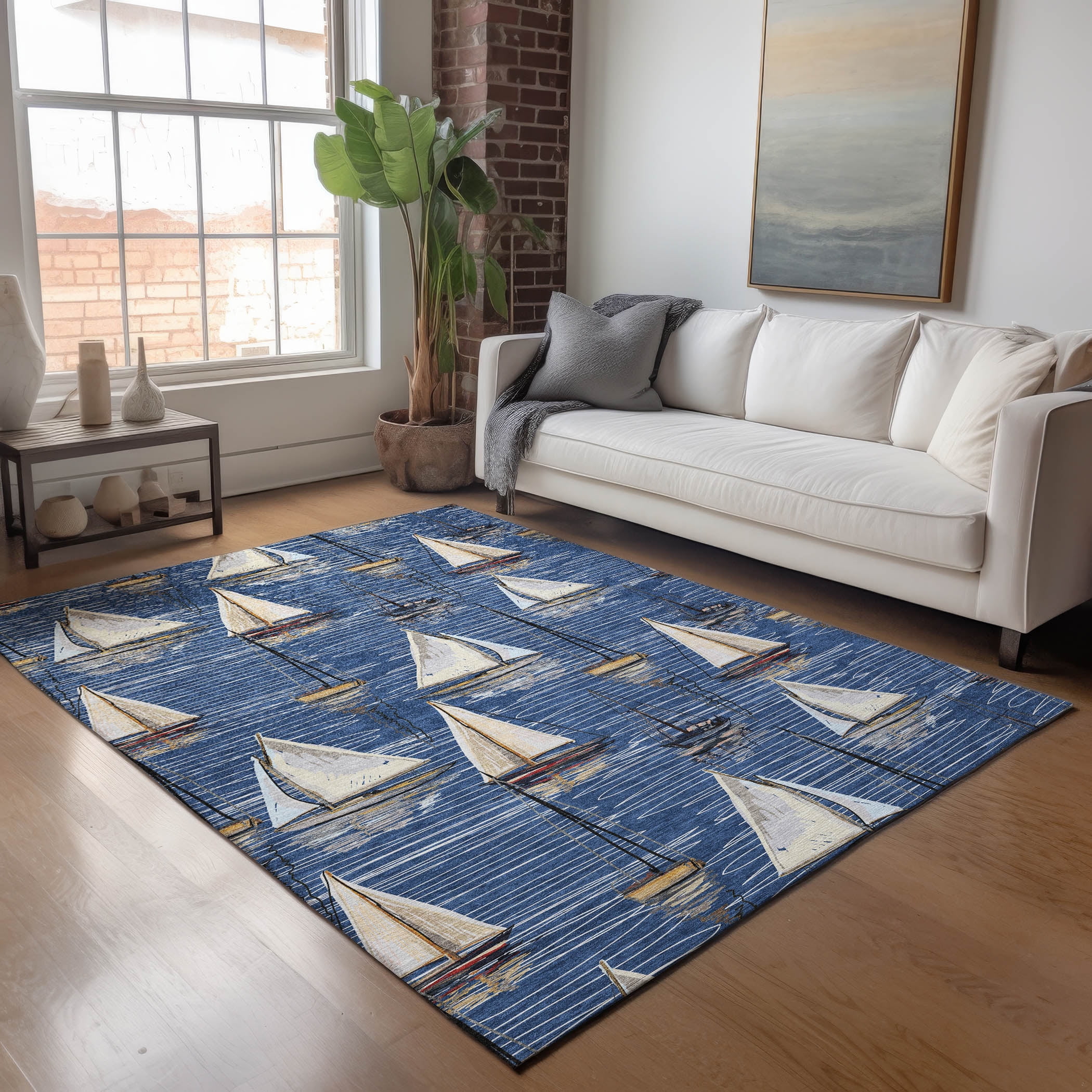 Addison Rugs Mayfield Washable Coastal Sailboat Navy Rectangle Rug, 8 ...