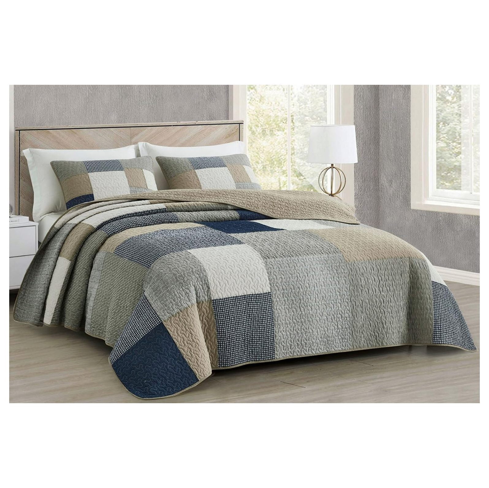 Addy 3-Piece Navy Blue White Gray Taupe Plaid Patchwork Quilt Set ...