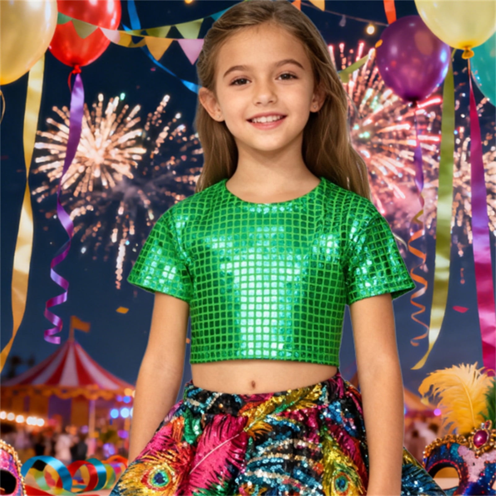 Adeawade Carnival Girl Tops Short Sleeve Girls Grid Glitter Crop Top ...
