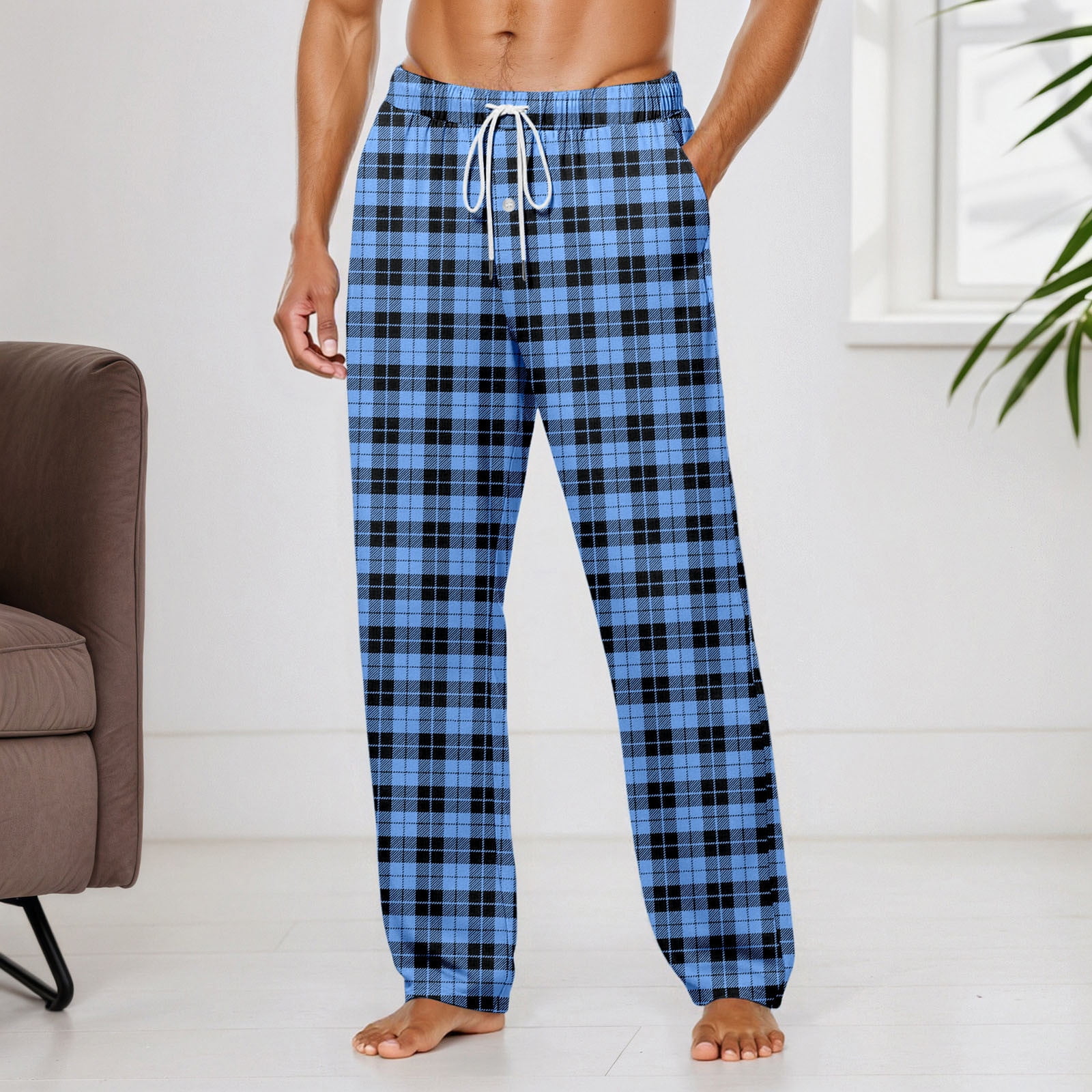 Adeawade Casual Pants For Mens Wide Leg Sleep Pants Elastic Waist Plaid ...
