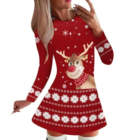 Adeawade Christmas Dresses For Women Long Sleeved Xmas Dress Reindeer ...