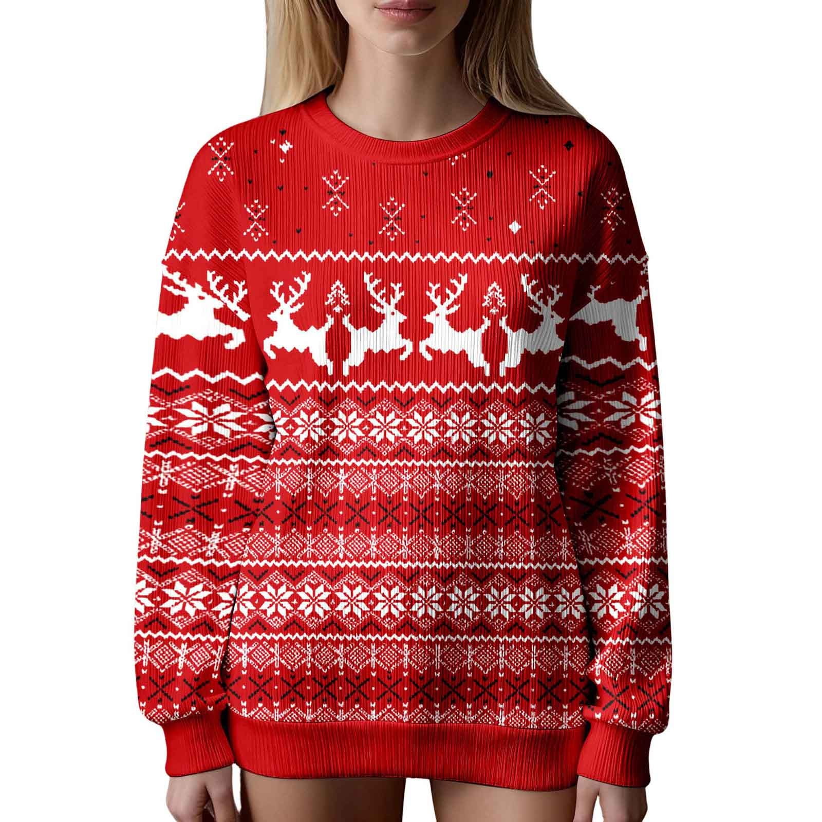 Adeawade Christmas Sweaters For Women Sweater Crew Neck Long Sleeve Winter Snowflake Reindeer ...