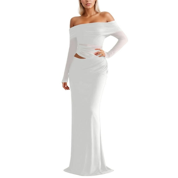 Adeawade Elegant Dresses For Women Round Neck Long Sleeve Off Shoulder ...