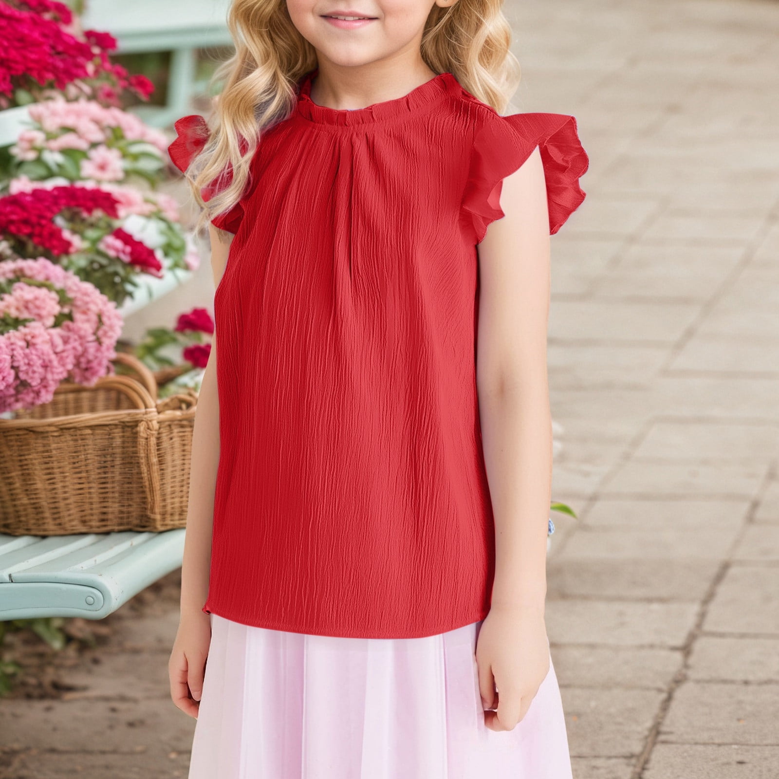 Adeawade Girl Tops Short Sleeve Solid Color Ruffled Girl Ruffled Neck ...