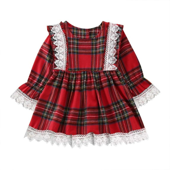 Adeawade Girls Christmas Dress Xmas Long Sleeve Lace Plaid Prints Dress ...