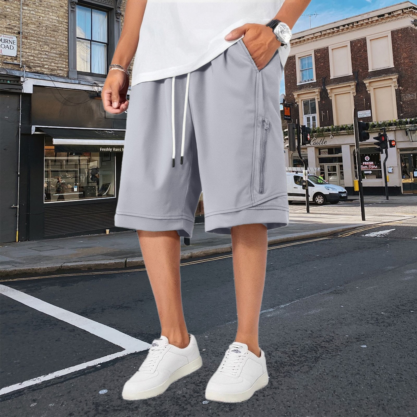 Adeawade Men Summer Straight Leg Shorts Solid Color Elastic Waist ...