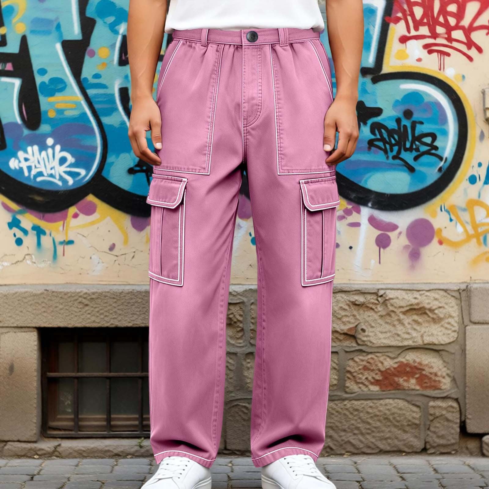 Adeawade Mens Pant Wide Leg Denim Pants With Multiple Pockets Mid Waist ...